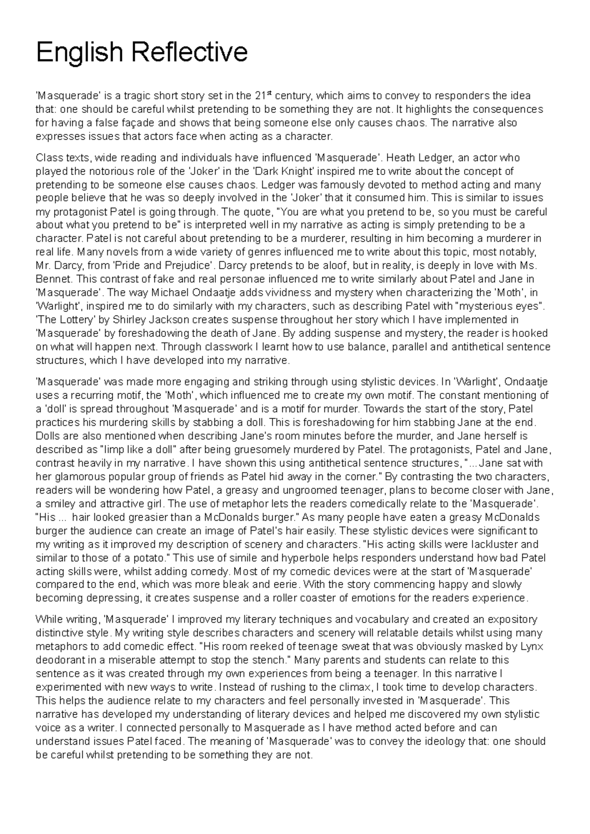 English Reflective - English Reflective ‘Masquerade’ is a tragic short ...