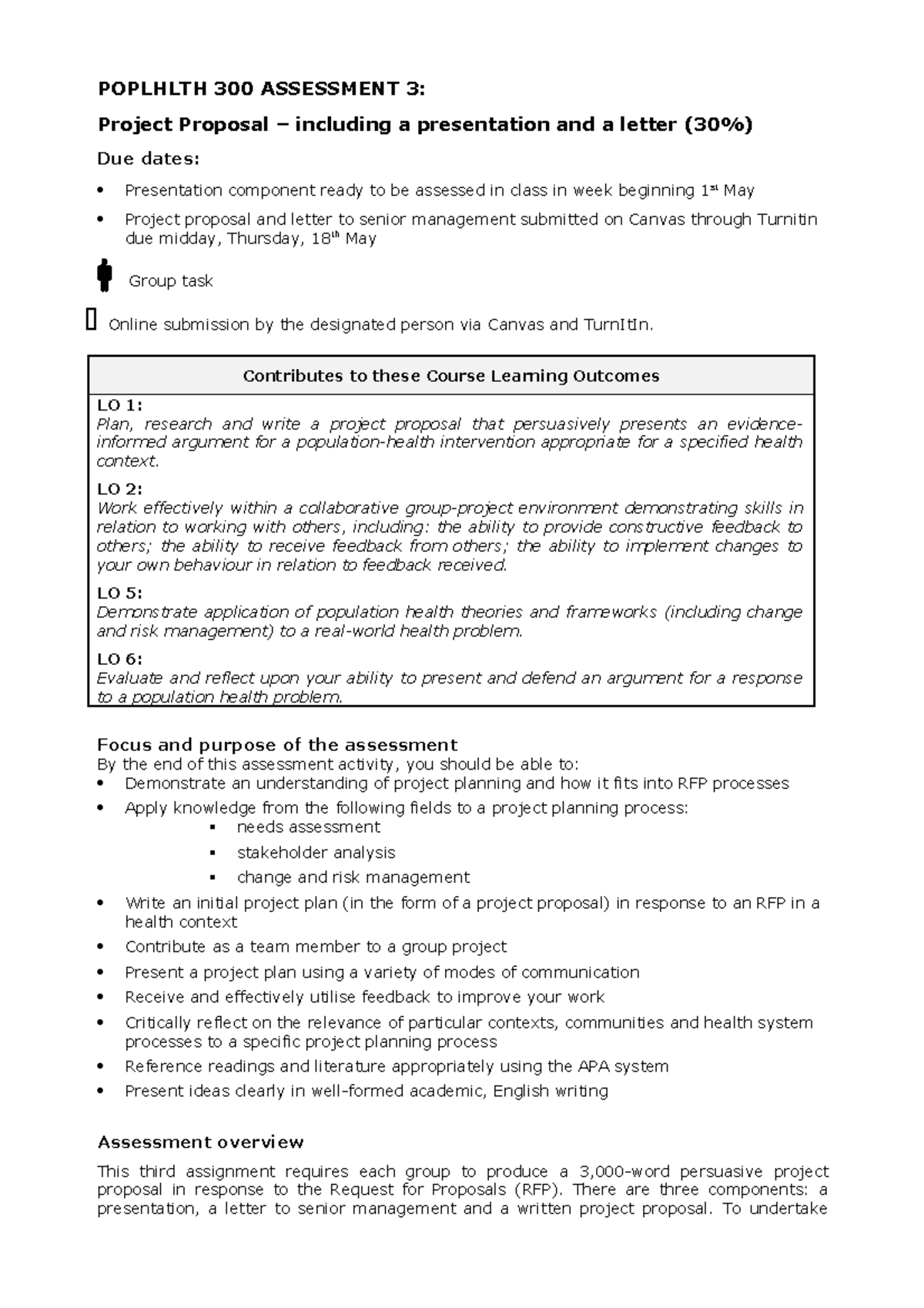 Assignment 3 Project Proposal Detaiiled Instructions 2023 - POPLHLTH 300 ASSESSMENT 3: Project ...