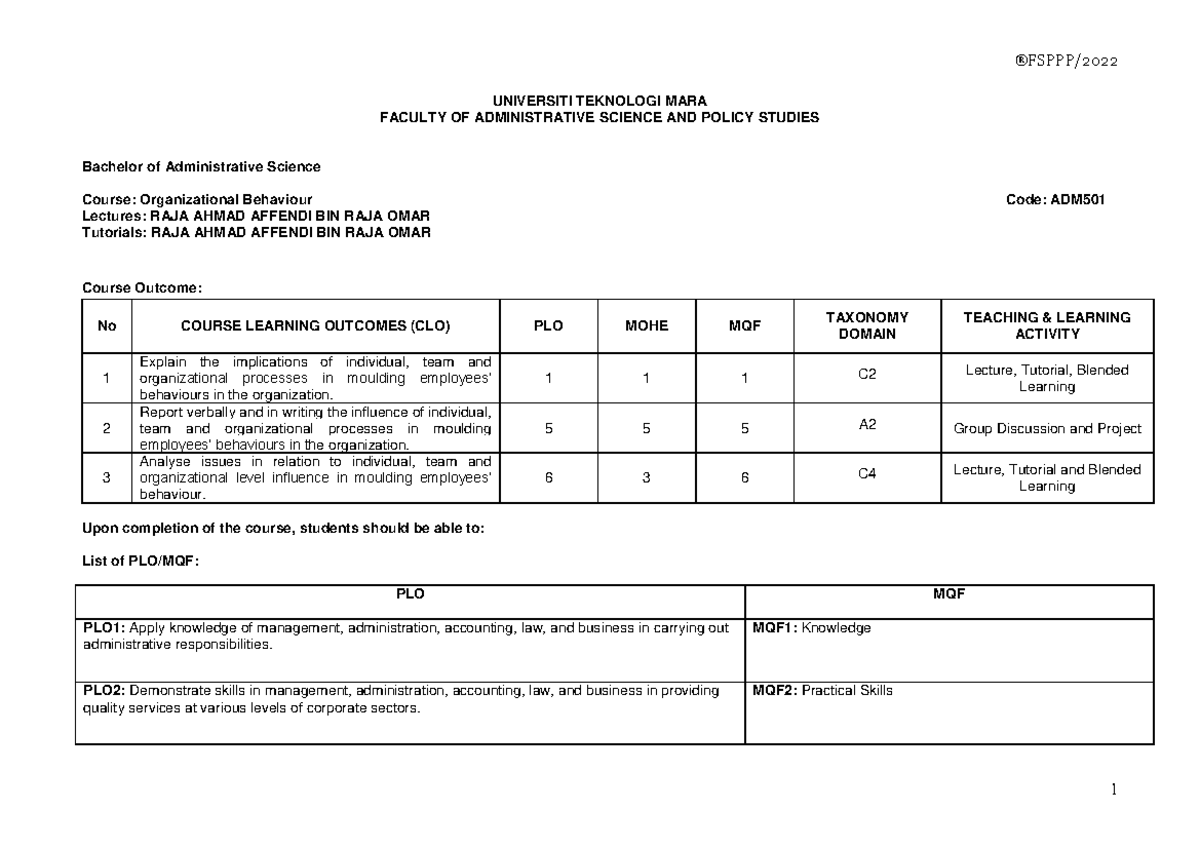 SOW ADM501 AUG - FEB 2022- Final - Organizational behaviour - UiTM ...