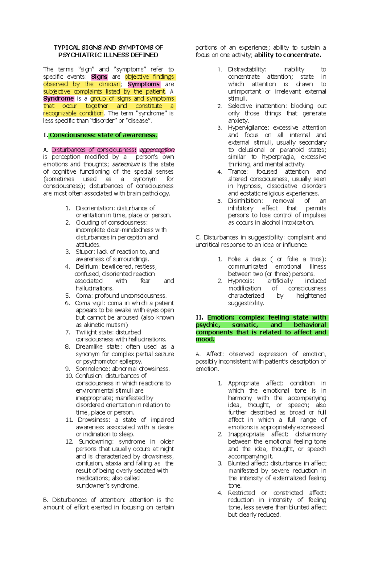 Clinical Signs and Symptoms - TYPICAL SIGNS AND SYMPTOMS OF PSYCHIATRIC ...