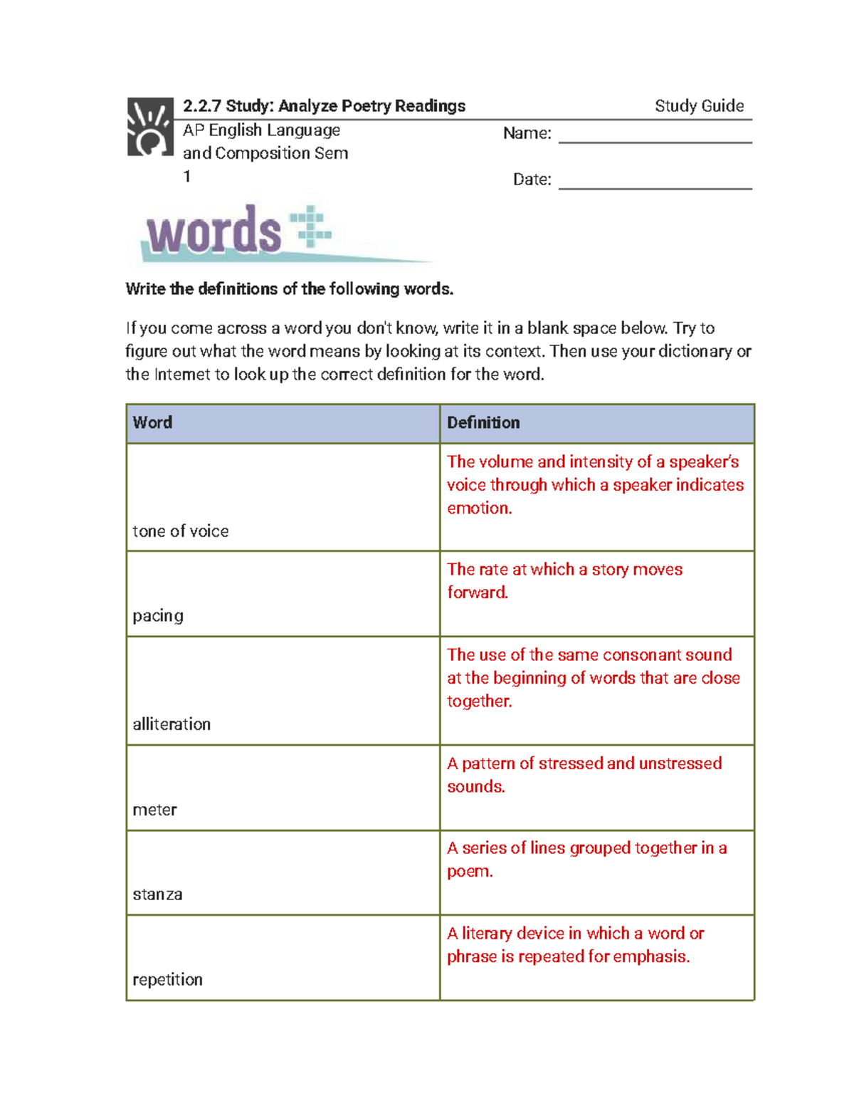 2.2.7 Study - Analyze Poetry Readings (Study guide) - 2.2 Study ...