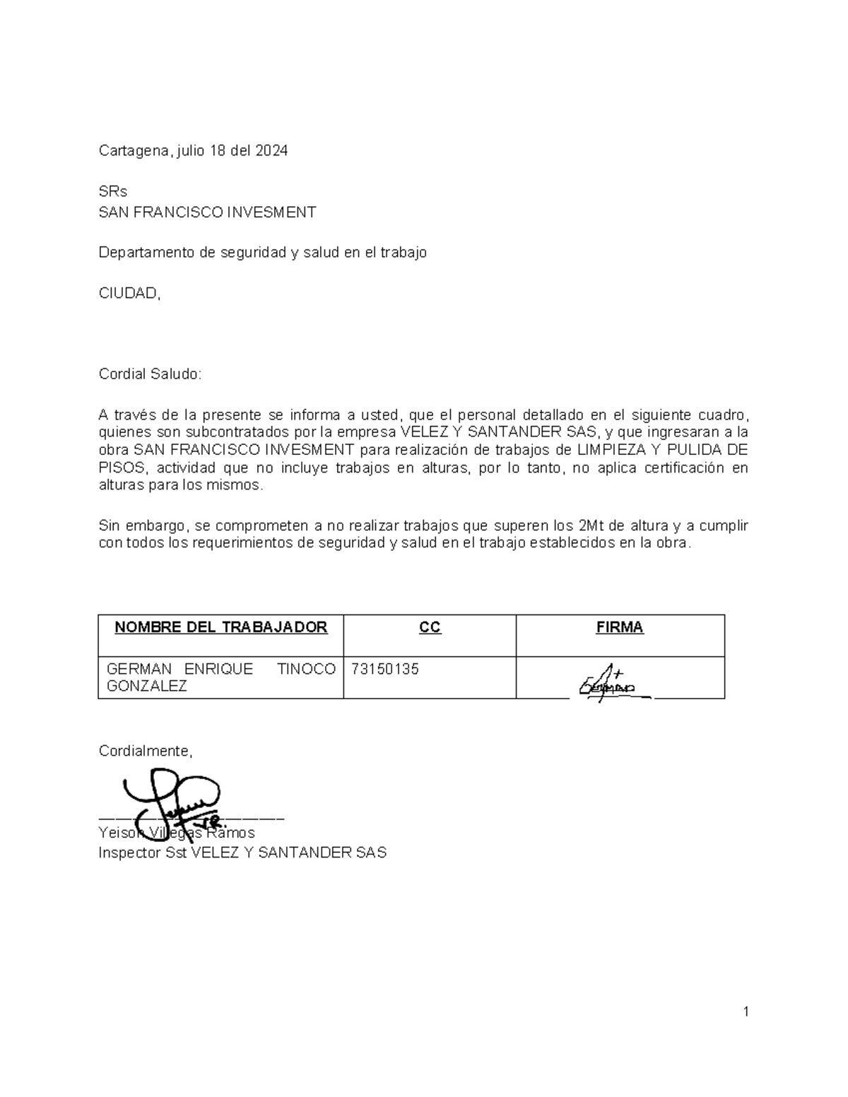 Carta DE Compromiso DE NO Trabajo EN Alturas - Cartagena, julio 18 del 2024 SRs SAN FRANCISCO ...