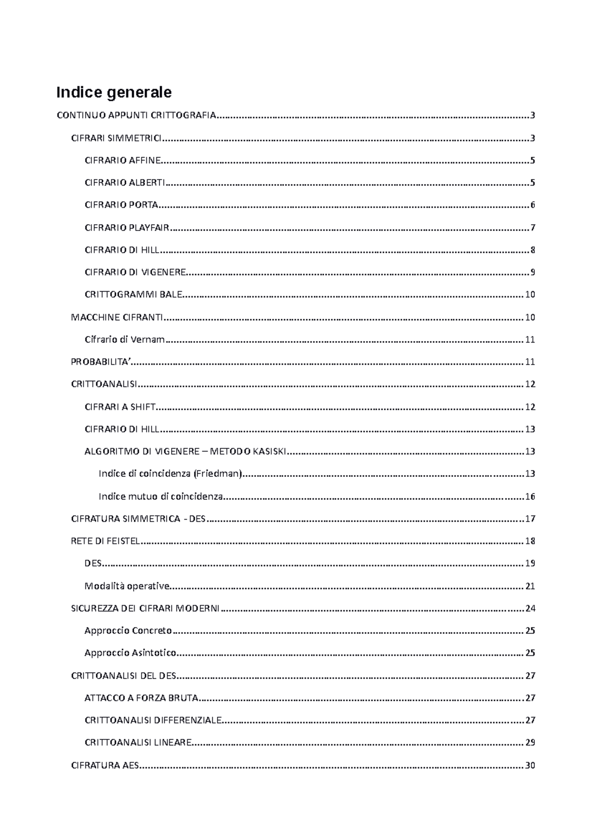 Appunti miei Crittografia - Indice generale CONTINUO APPUNTI - Studocu