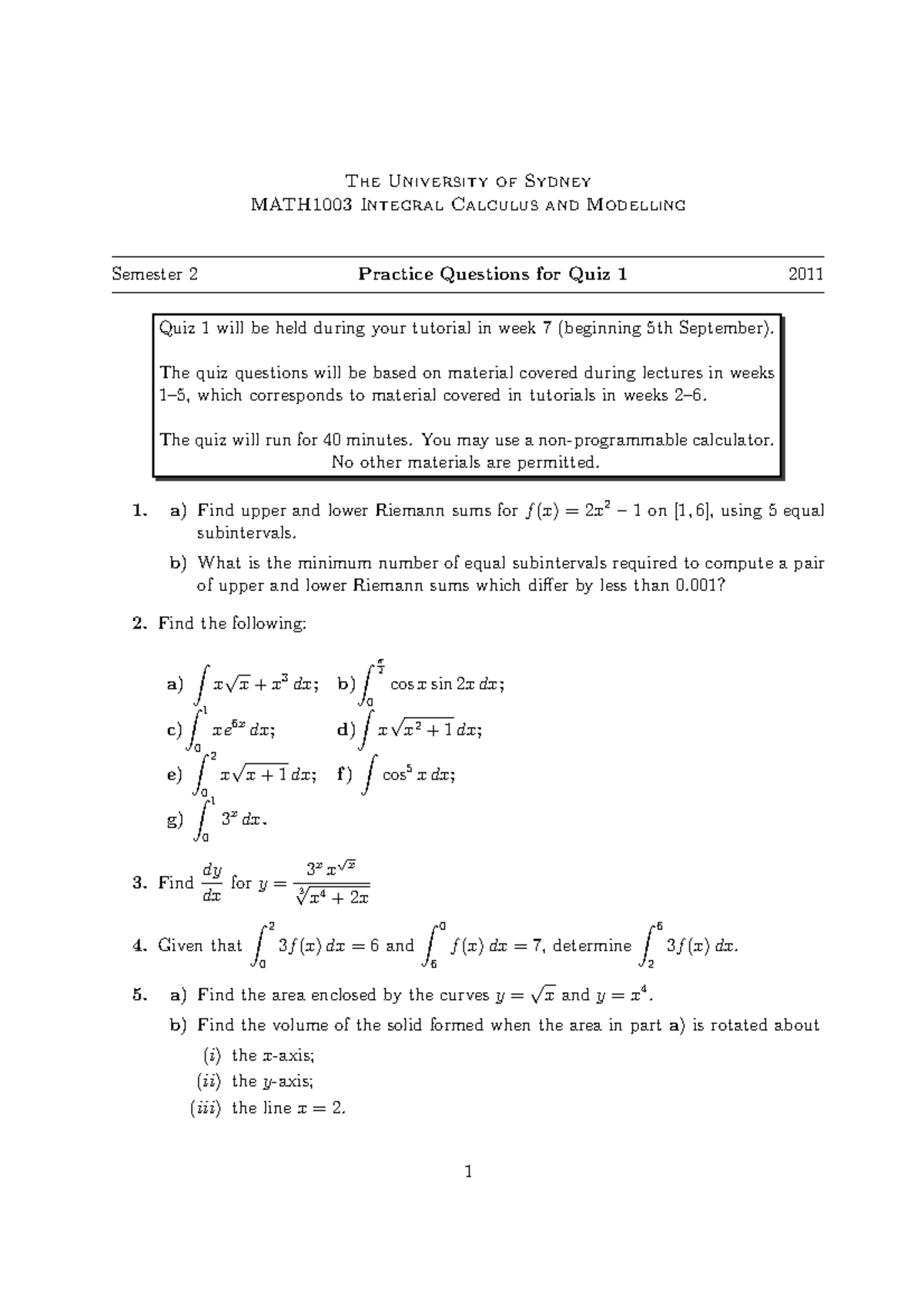Sample/practice exam 2011, questions and answers - The University of Sydney MATH1003 Integral ...