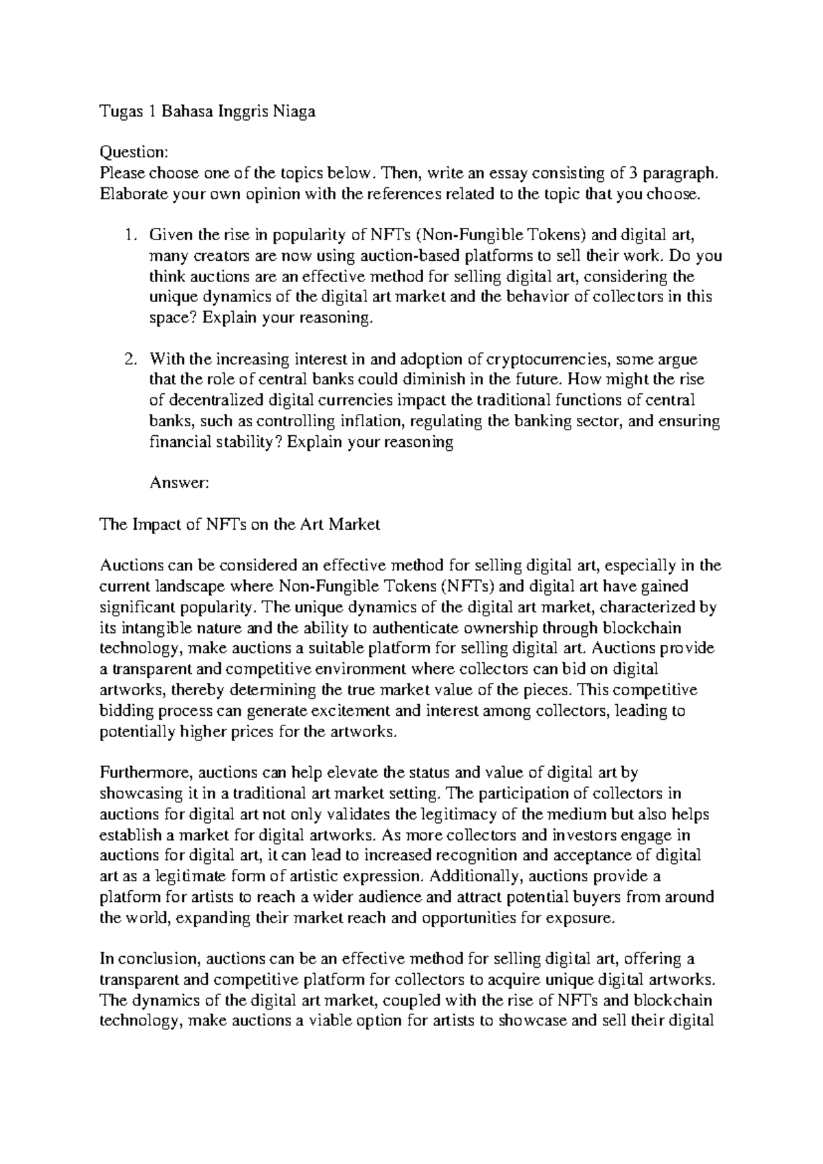 Tugas 1 Bahasa Inggris Niaga - Tugas 1 Bahasa Inggris Niaga Question: Please choose one of the ...