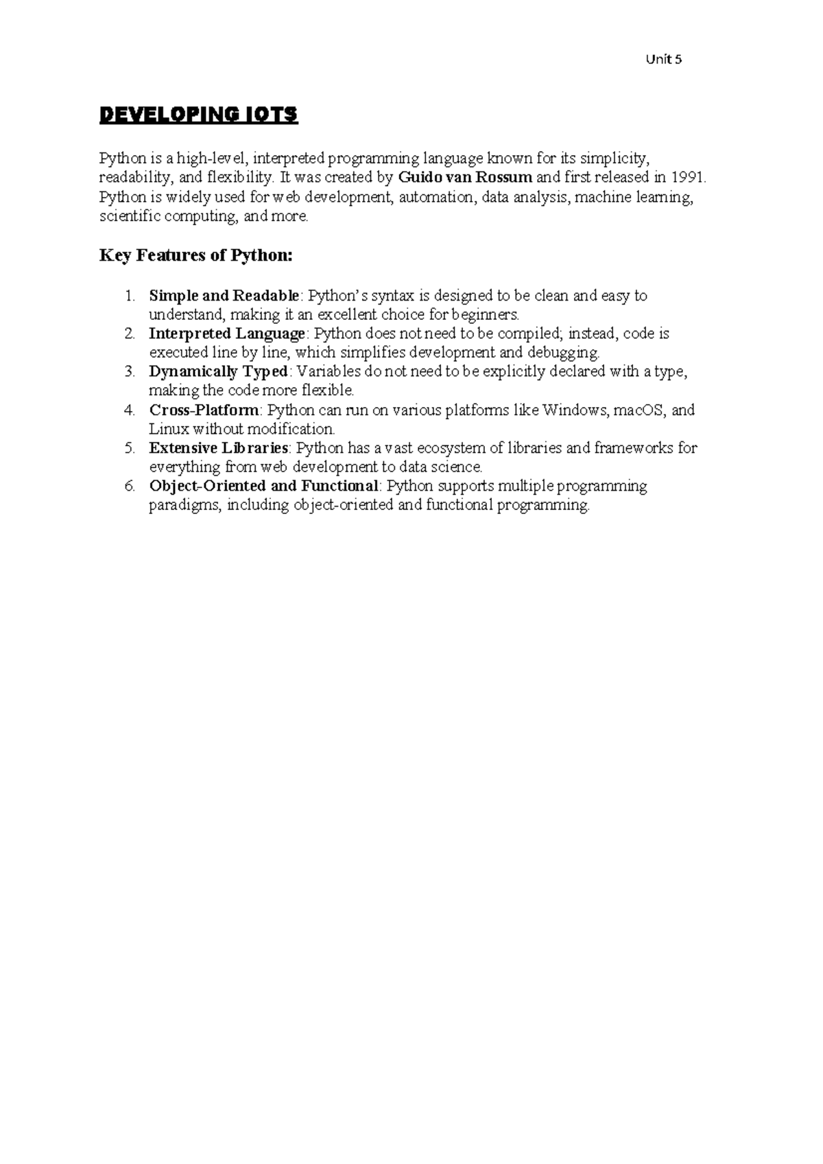 Developing IOTS - iot notes - Unit 5 DEVELOPING IOTS Python is a high ...