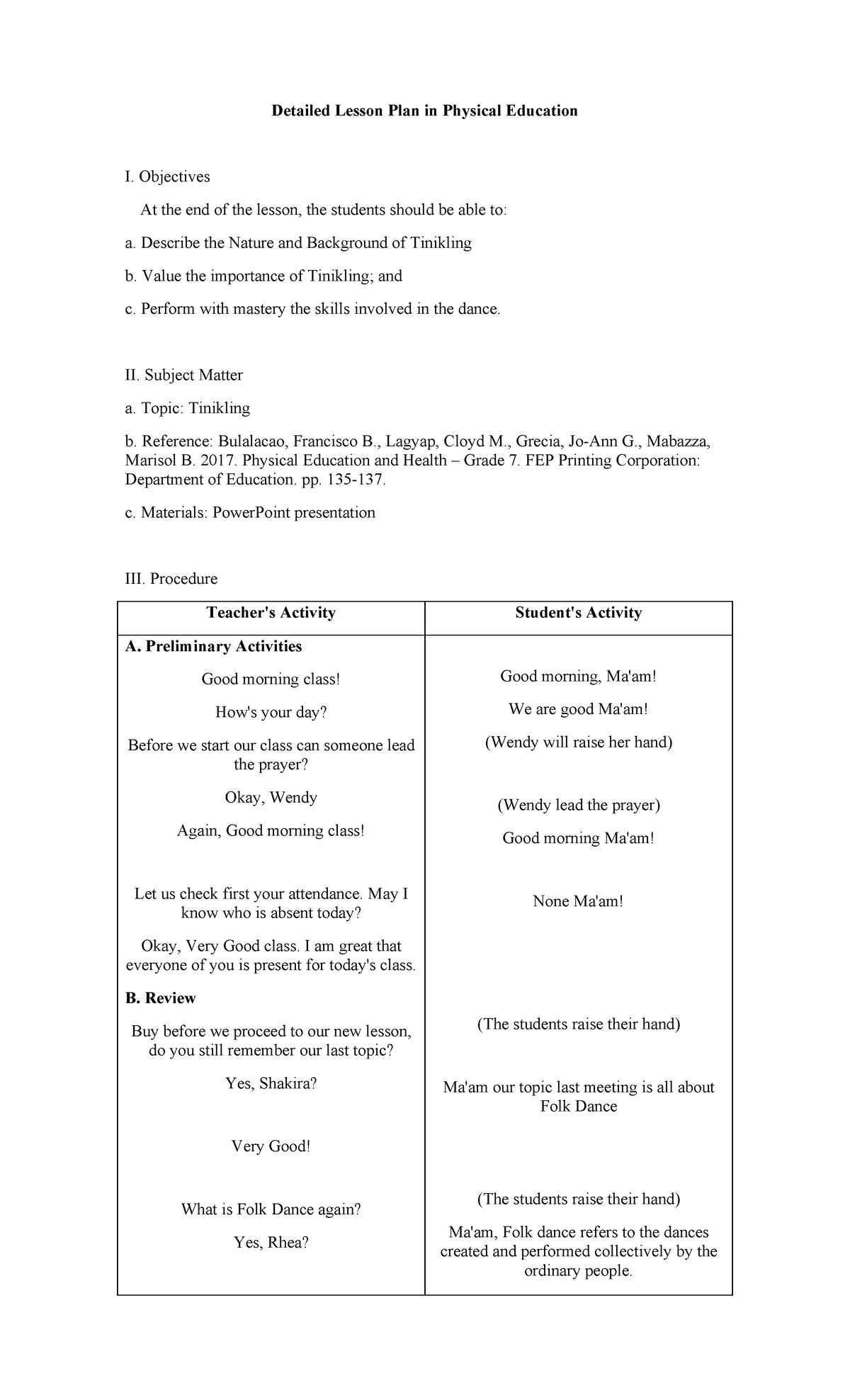 DLP in PE Tinikling - Detailed Lesson Plan in Physical Education I ...