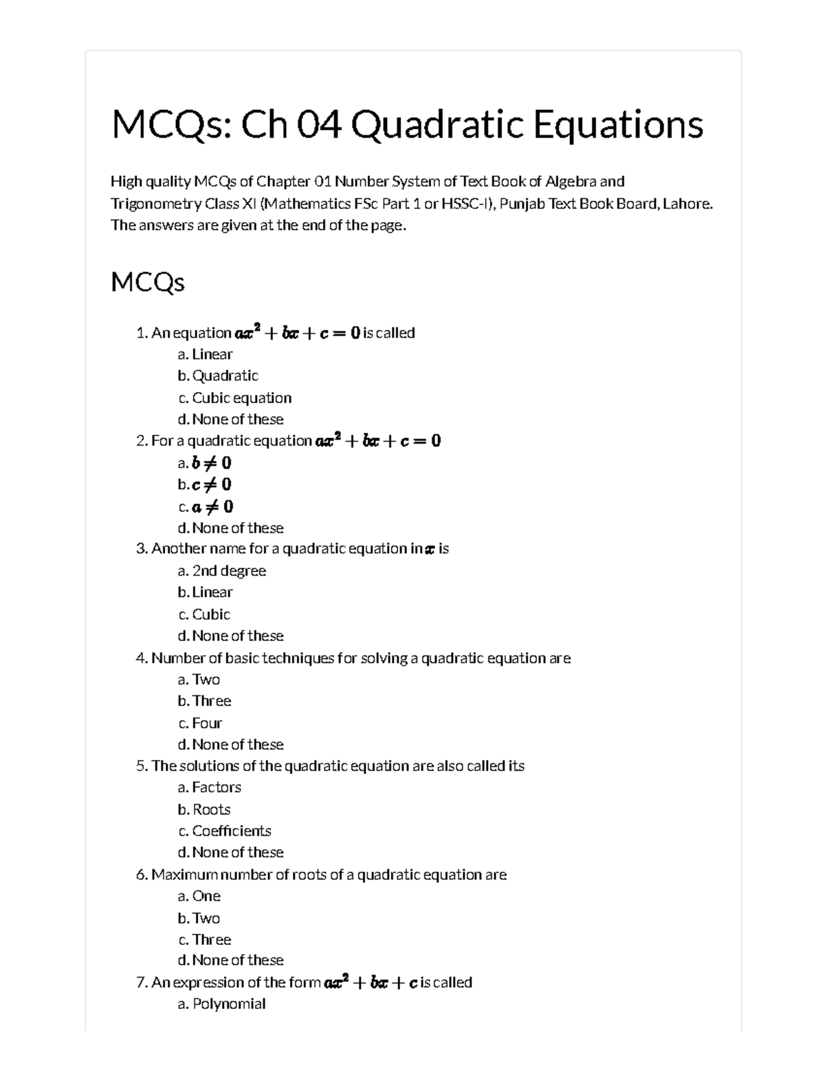 Quadratic Equations - it is very useful. - MCQs: Ch 04 Quadratic ...