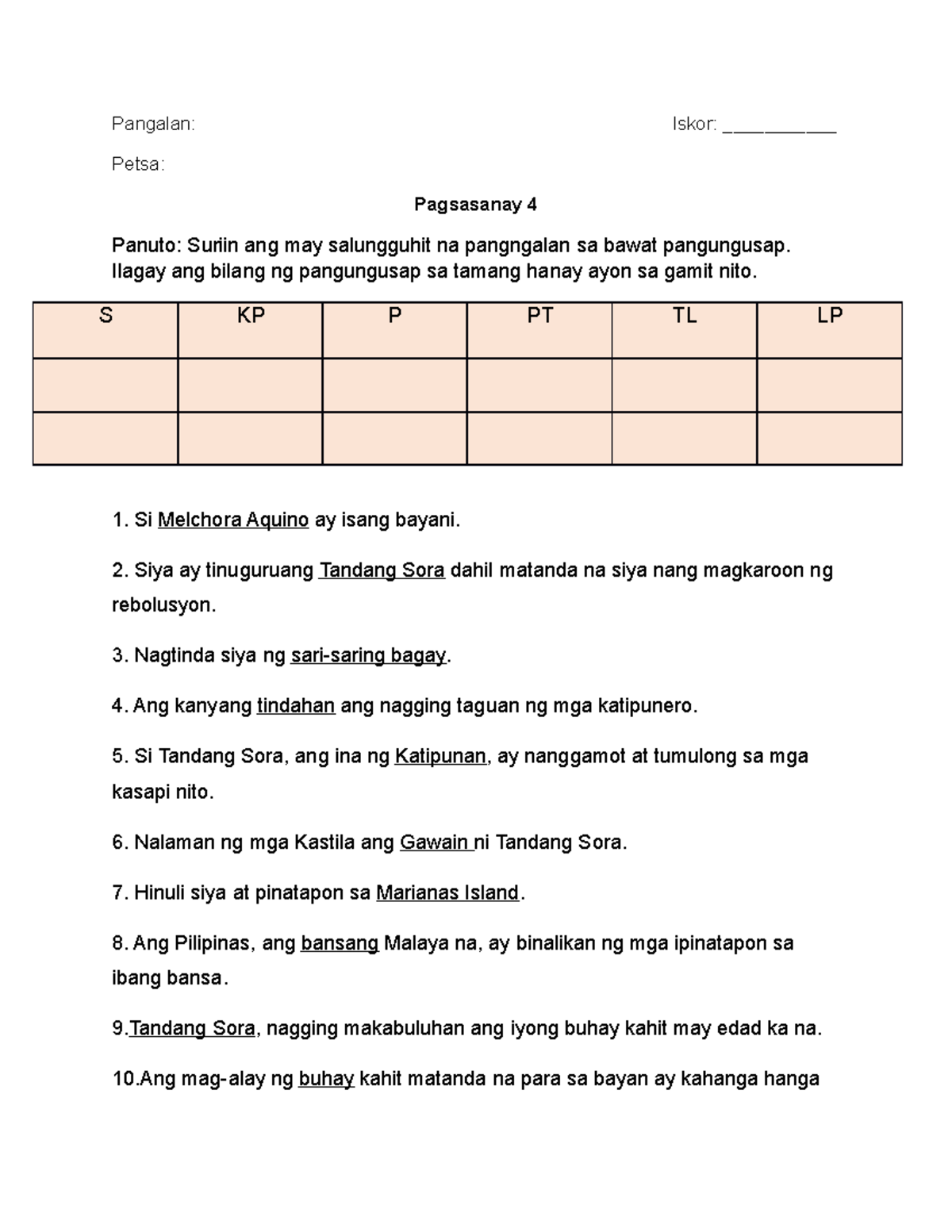 Pagsasanay 4 - errrt - Pangalan: Iskor: ___________ Petsa: Pagsasanay 4 ...