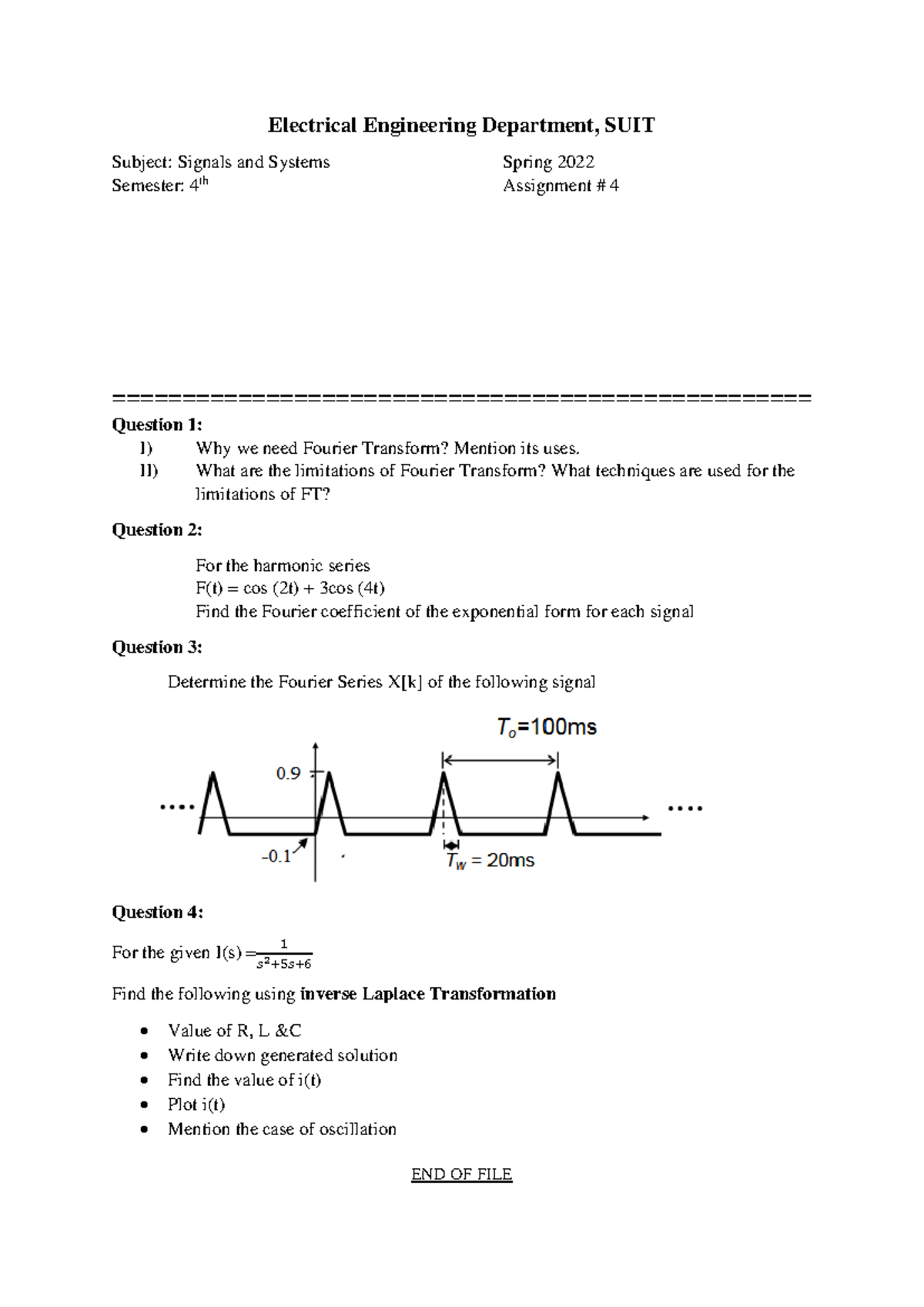 Assignment 4 Signals and Systems - Electrical Engineering Department, SUIT Spring 202 2 ...