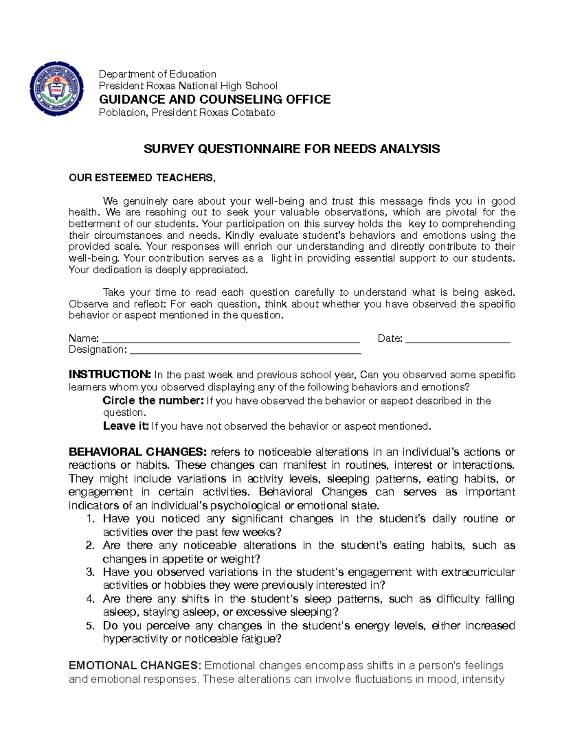 Needs assessment PDF - n/a - Department of Education President Roxas ...
