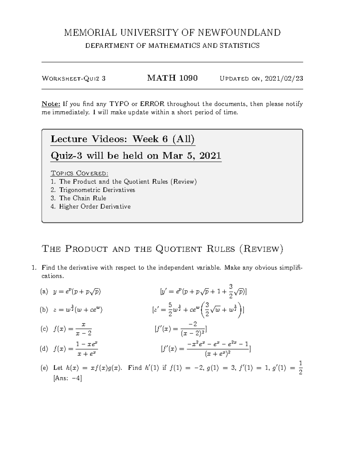 Math 1000-Practice Worksheet-Quiz3 - MEMORIAL UNIVERSITY OF ...