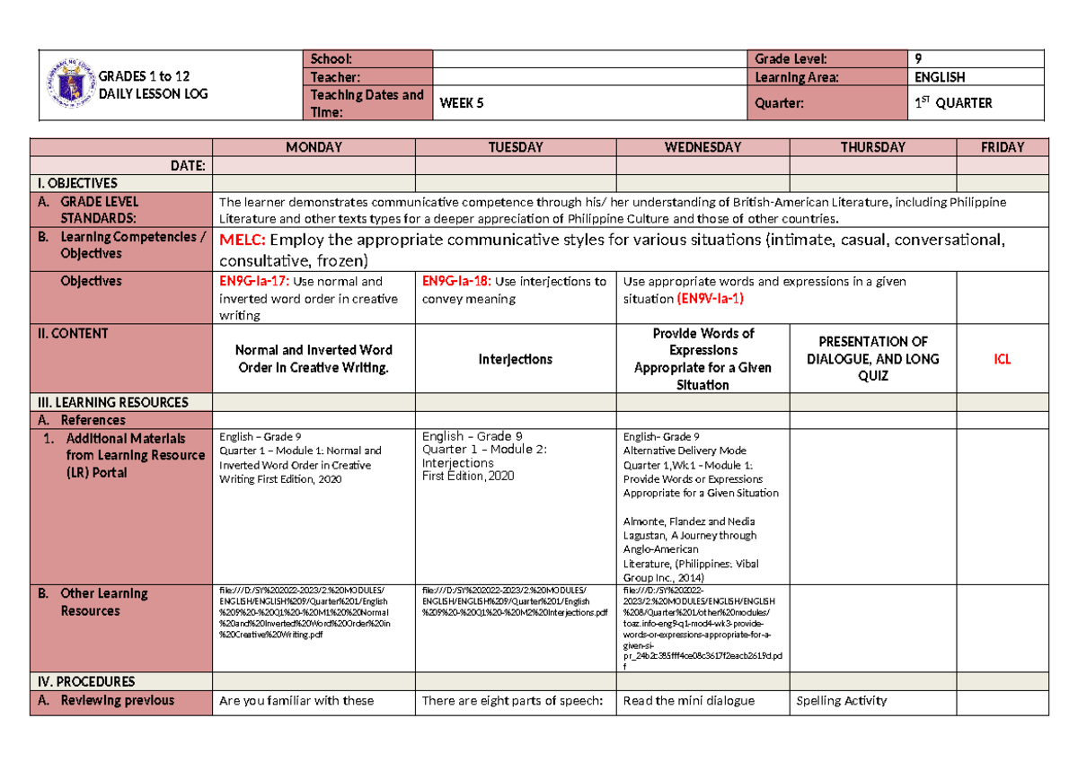 English 9 Q1 W5 - NONE - MONDAY TUESDAY WEDNESDAY THURSDAY FRIDAY DATE ...
