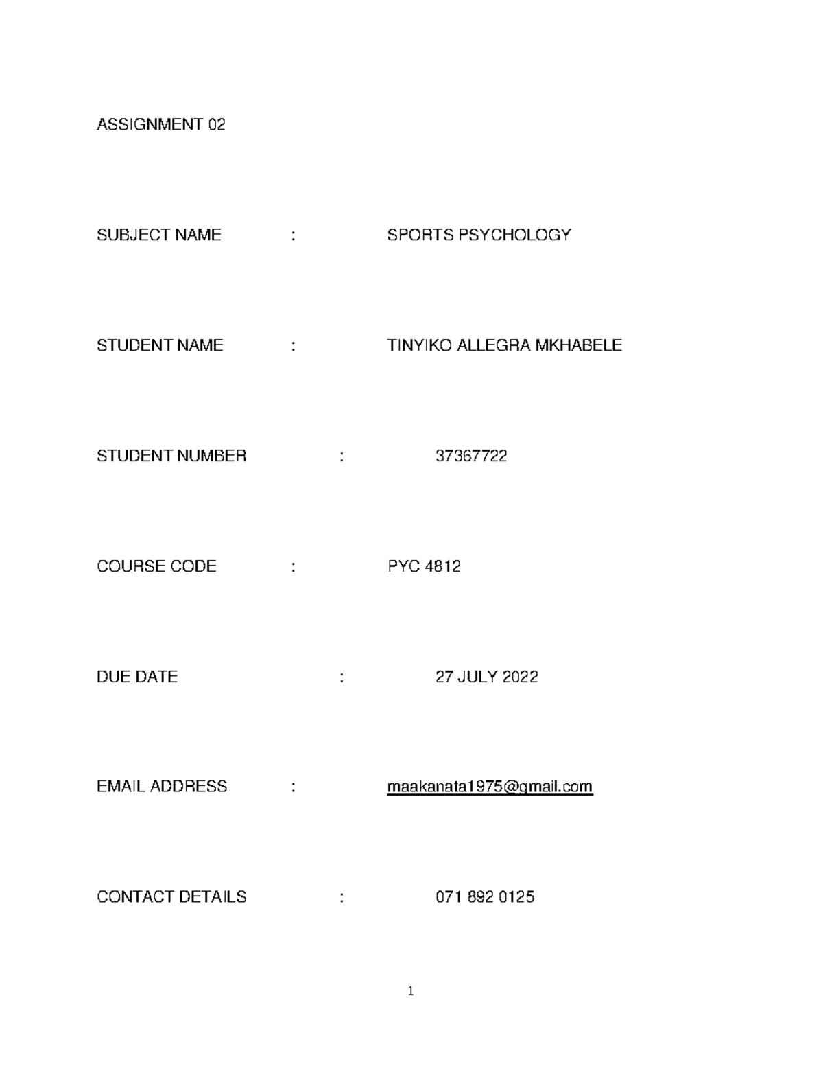 PYC 4812 Assignment 02 revised - Copy - ASSIGNMENT 0 2 SUBJECT NAME : SPORTS PSYCHOLOGY STUDENT ...