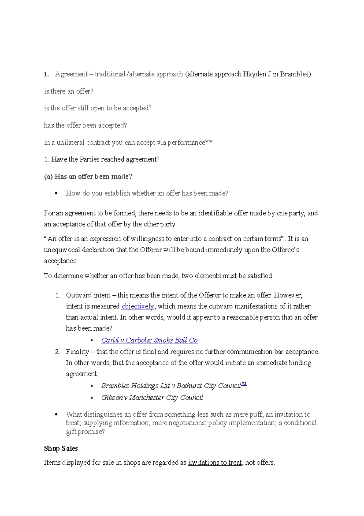 Contract - Lecture notes 1-13 - Elements of a binding contract 1 ...