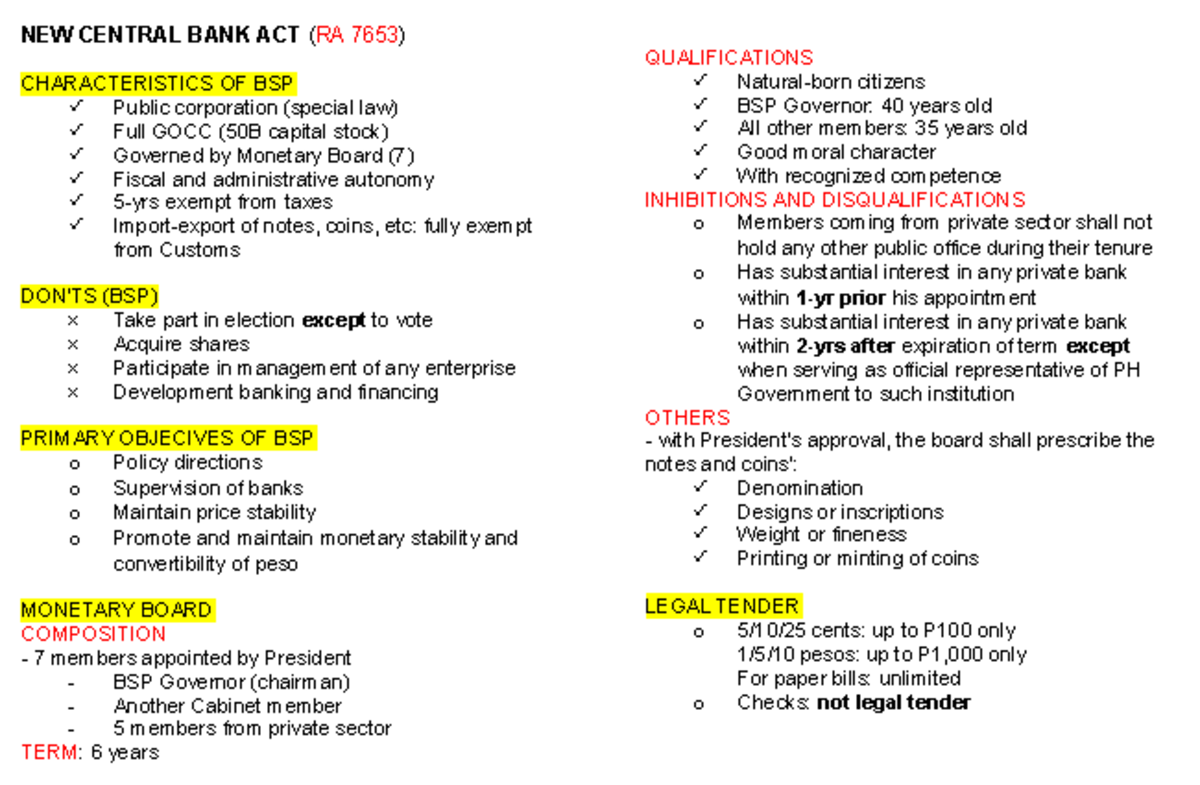 New Central Bank Actb hjajjajahababahaha - NEW CENTRAL BANK ACT (RA ...