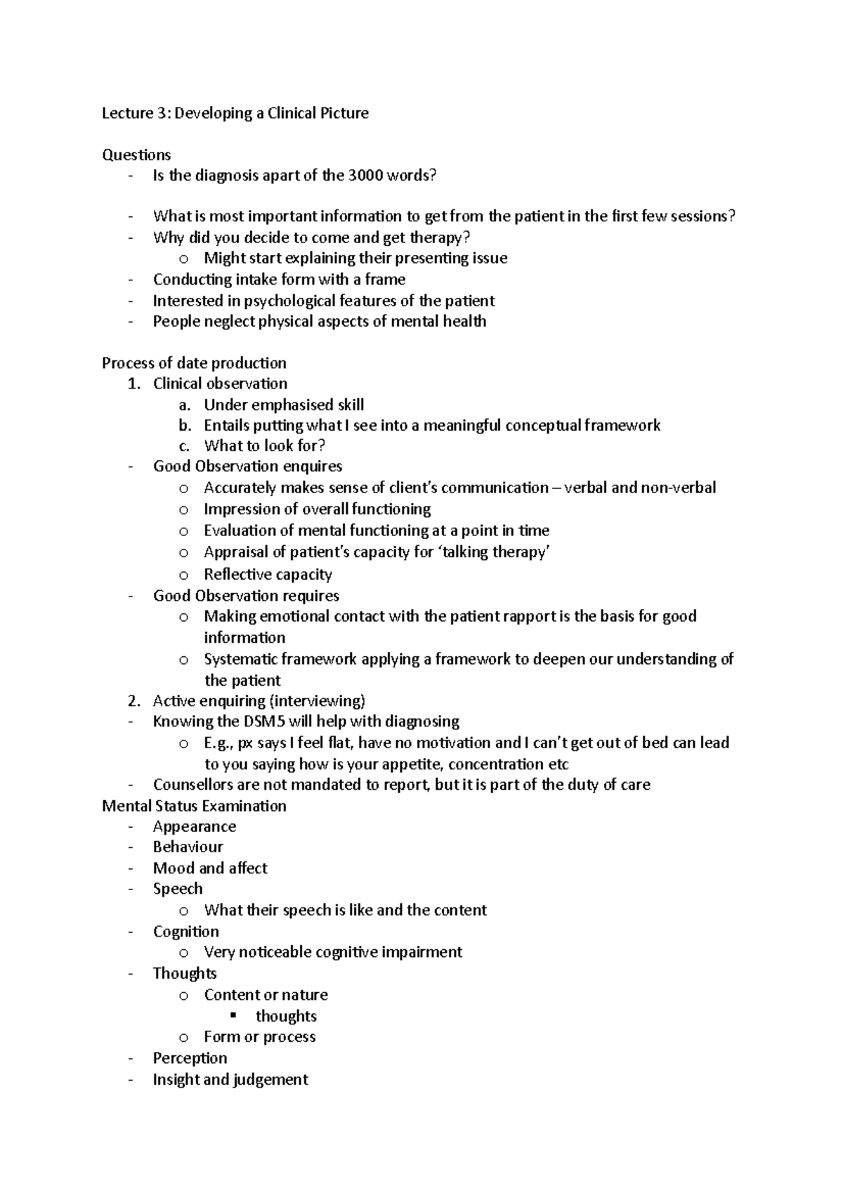 COU6113 Lecture 3 - Lecture 3: Developing a Clinical Picture Questions ...