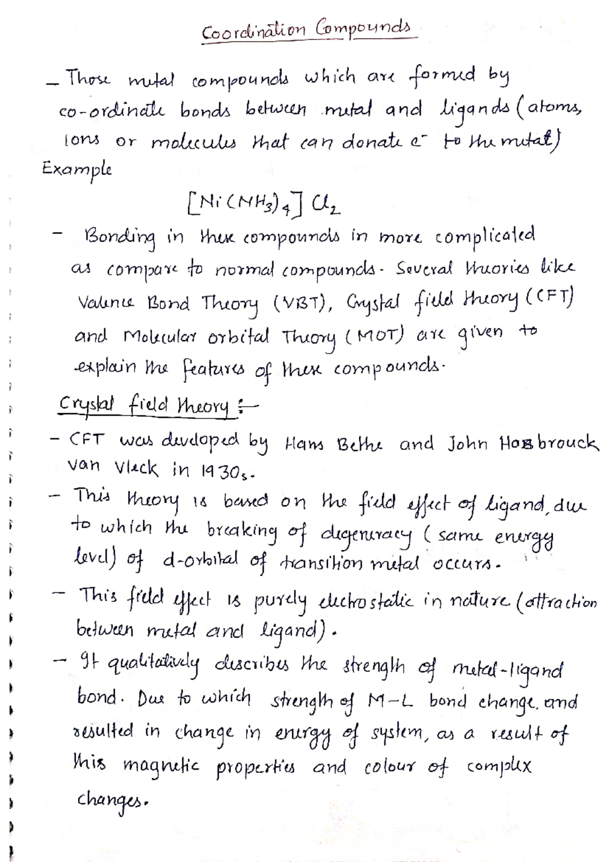 Crystal field theory - notes - Cooreinalion Compoynds -Those itel ...