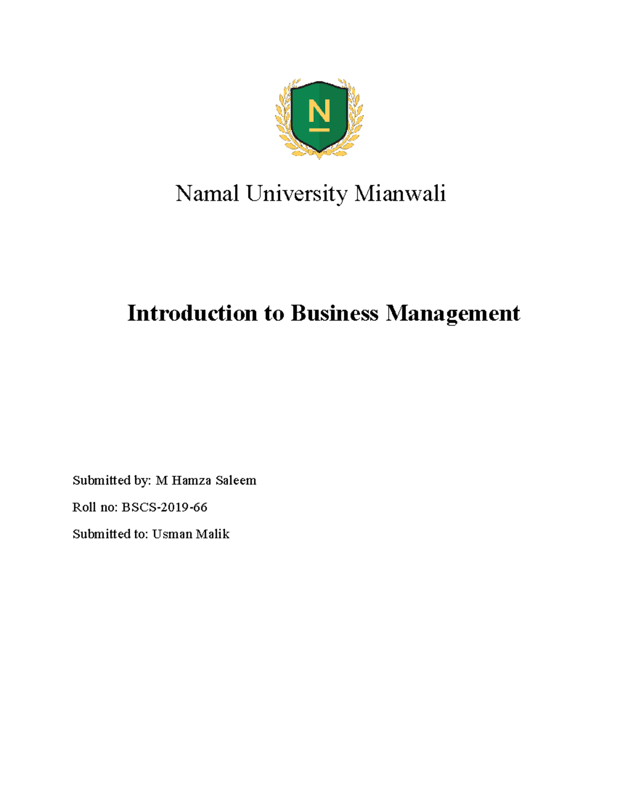 ITM assignment 03 - Good - Namal University Mianwali Introduction to Business Management ...