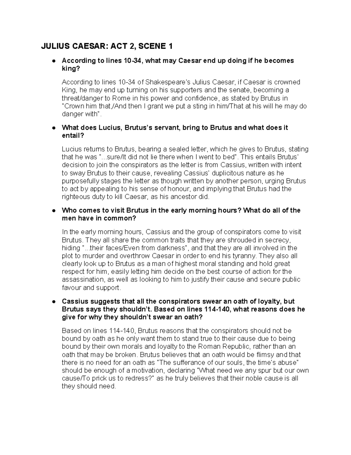 Julius Caesar ACT 2 Questions - JULIUS CAESAR: ACT 2, SCENE 1 According ...