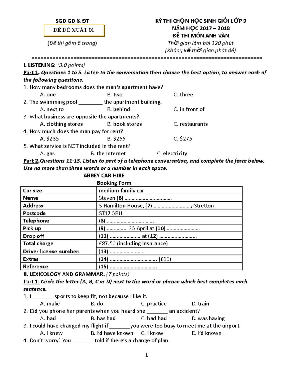 ĐỀ THI SỐ 01 - information about the hard text - SGD GD & ĐT (Đềề thi gồềm 6 trang) KỲ THI CH ỌN ...