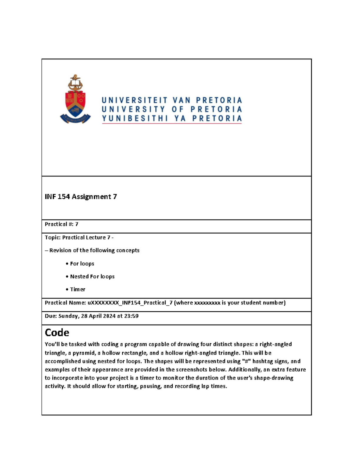 INF 154 Assignment 7 Rubric and instructions - INF 154 Assignment 7 Practical #: 7 Topic ...