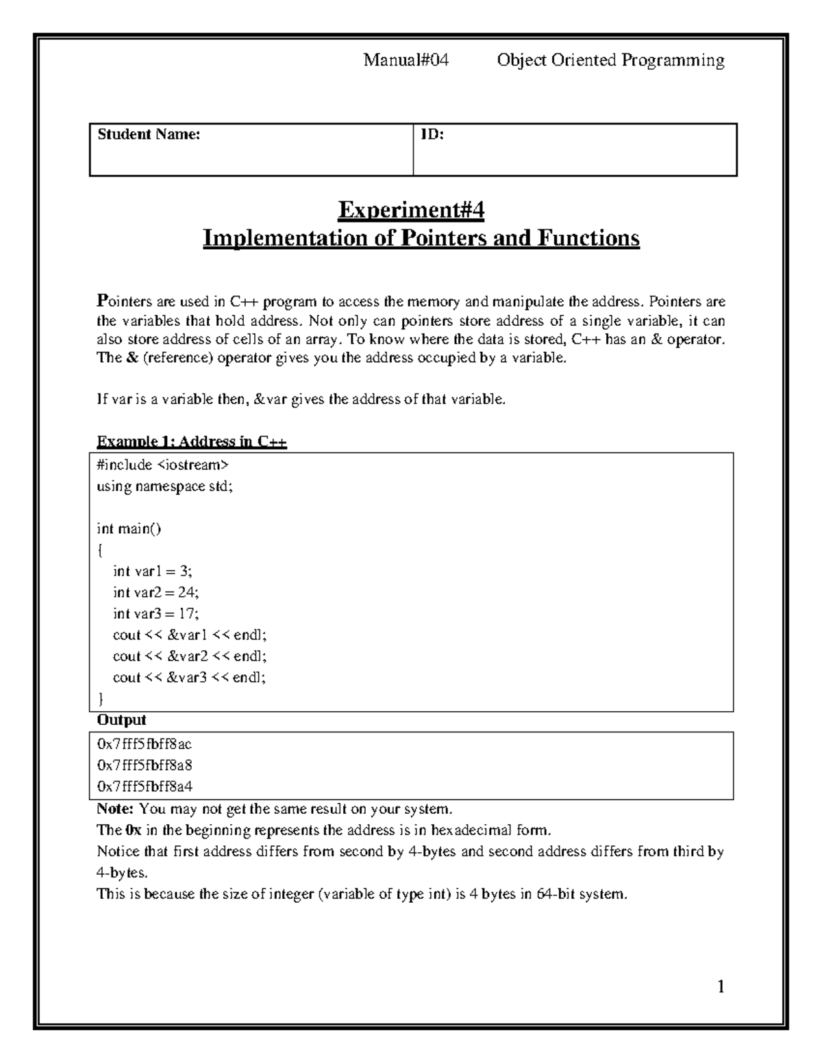 Lab 4 - Lab Manual - Student Name: ID: Experiment# 4 Implementation of ...
