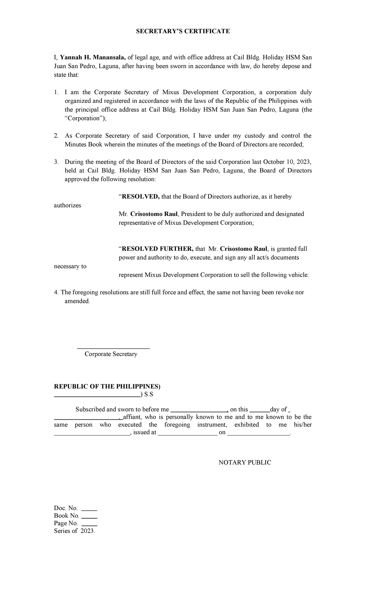Secretary Certificate - Authorize Representative - SECRETARY’S ...