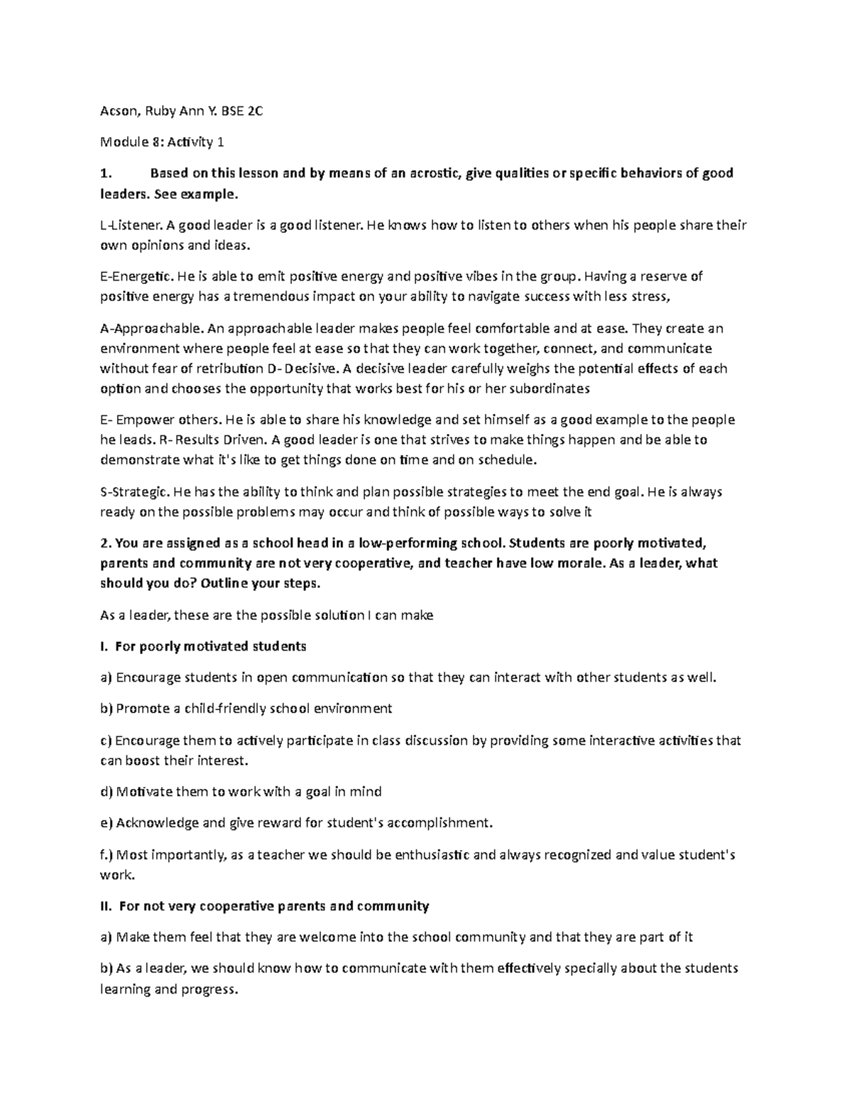 Module 8 Activity 1 - III. EVALUATION IV. ASSIGNMENT/ AGREEMENT A ...