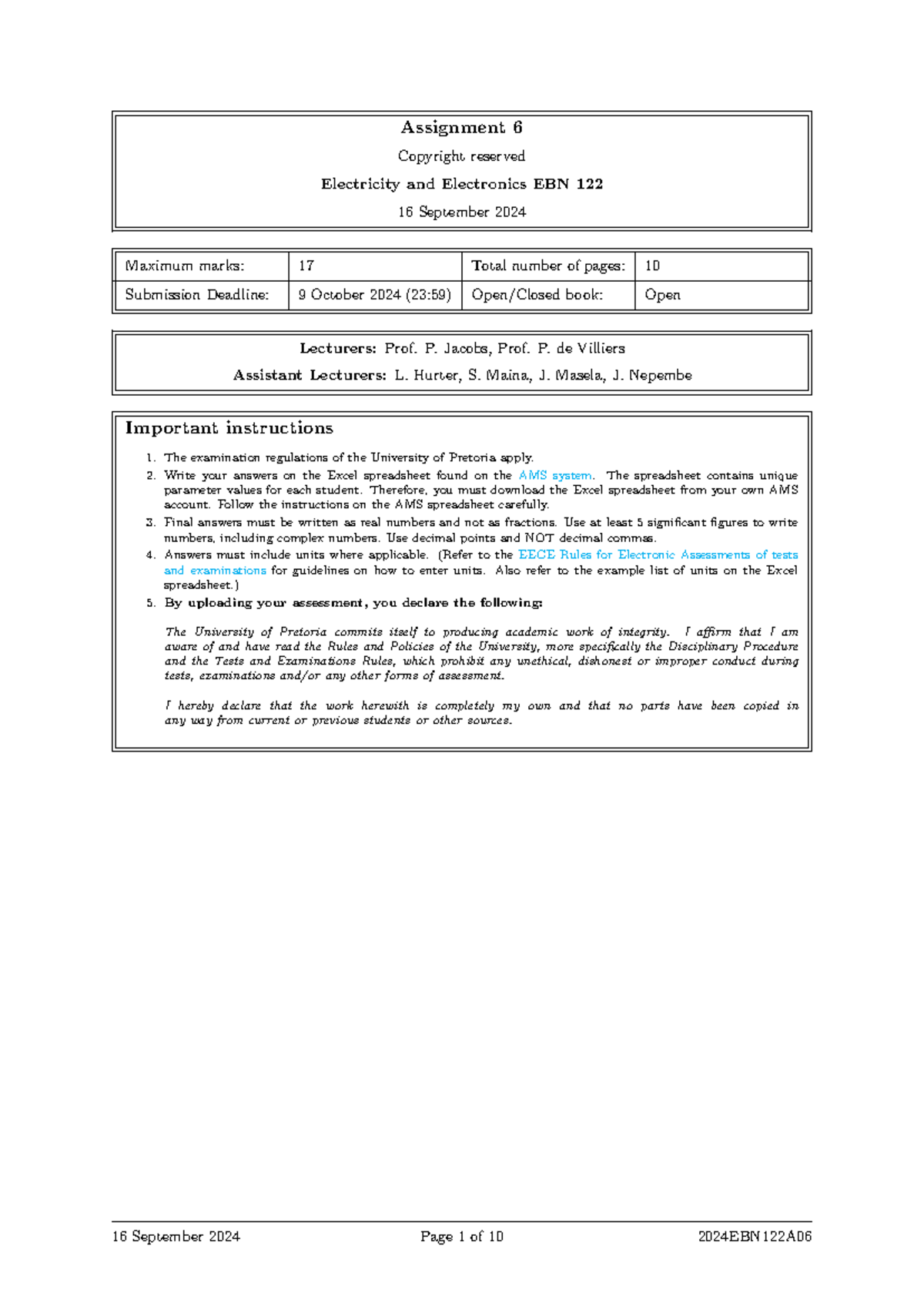 2024EBN122A06 - Question paper - Assignment 6 Copyright reserved ...