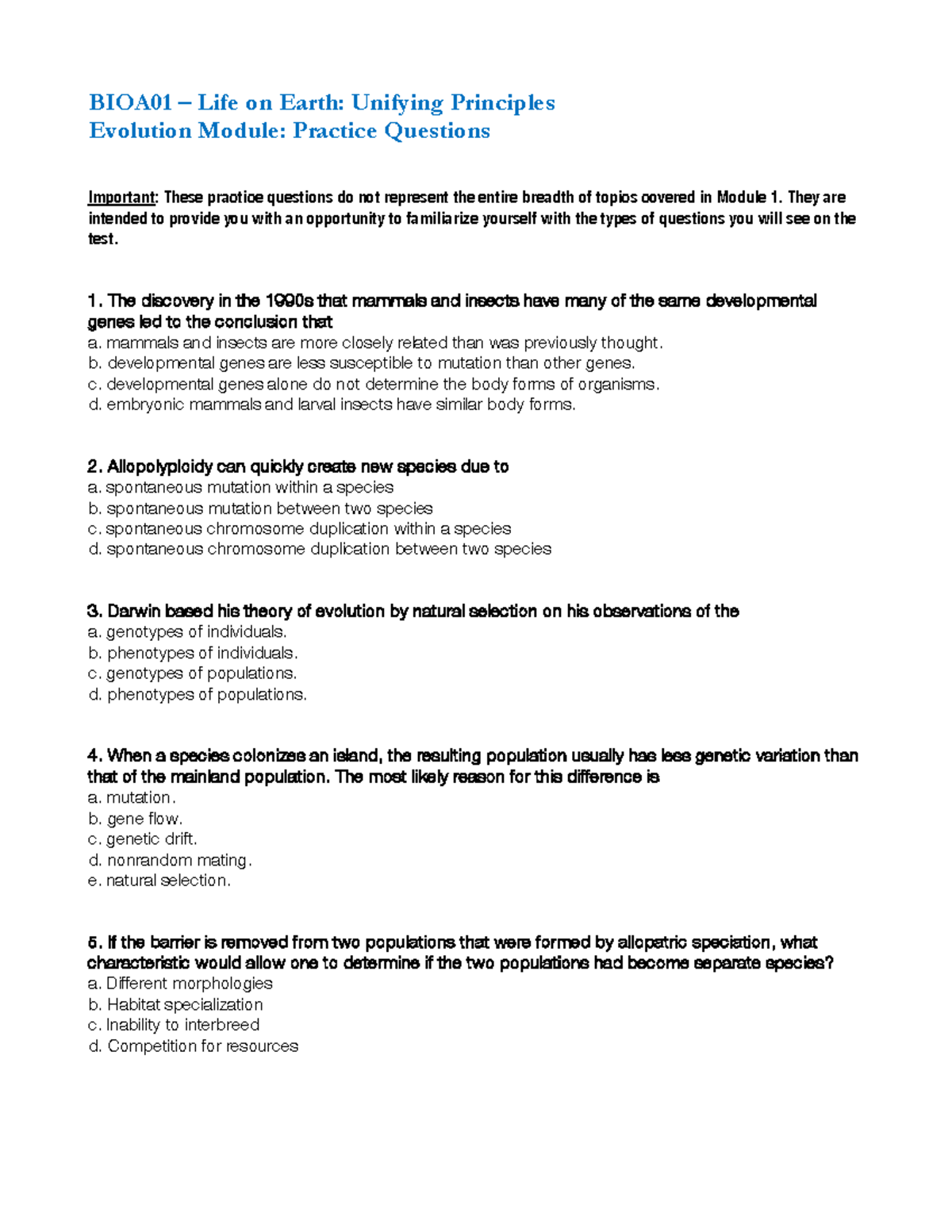 BIOA01 Evolution Practice Questions - BIOA01 – Life on Earth: Unifying ...