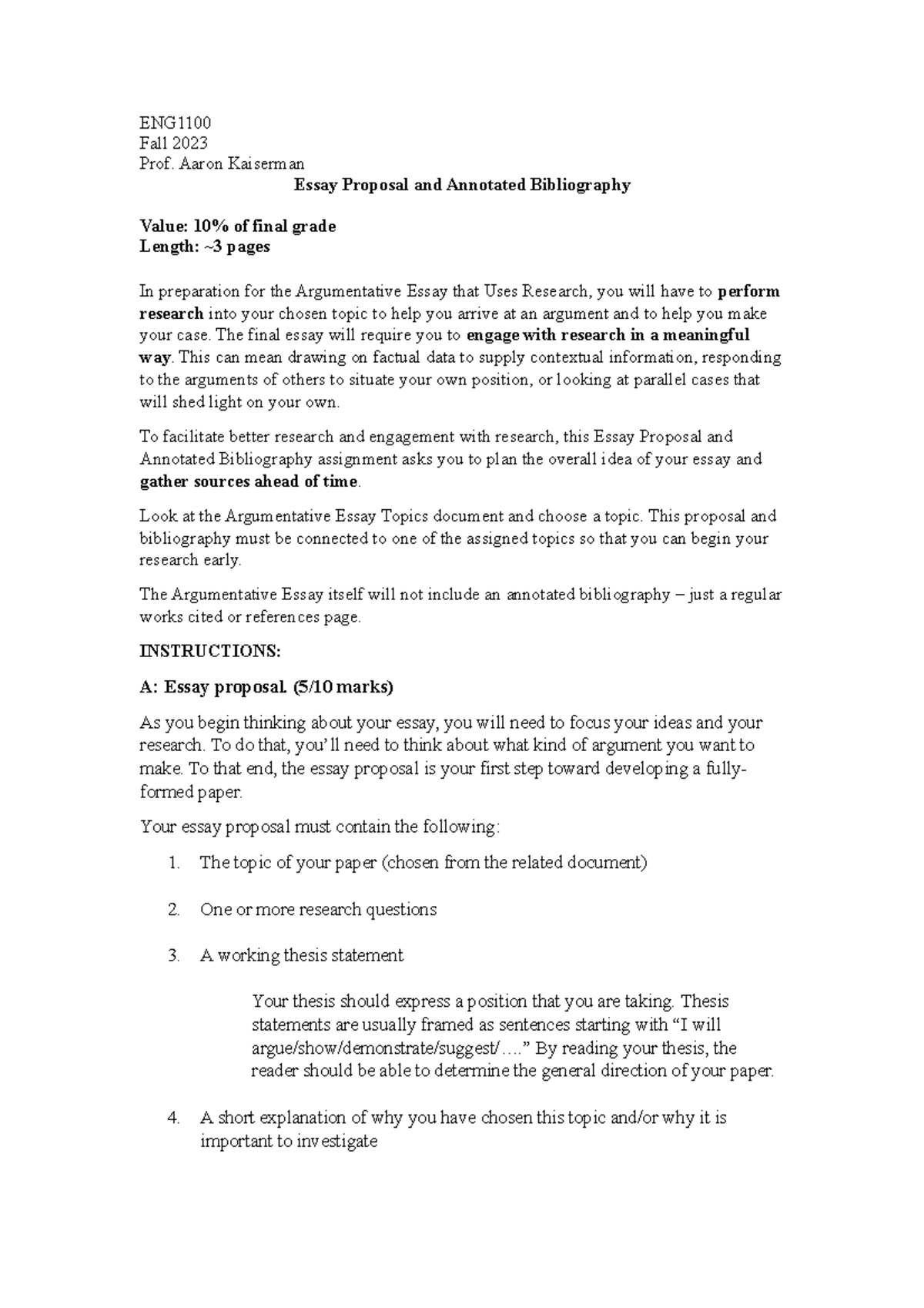 Essay Proposal and Annotated Bibliography Assignment ENG1100 Fall 2023 - ENG Fall 2023 Prof ...