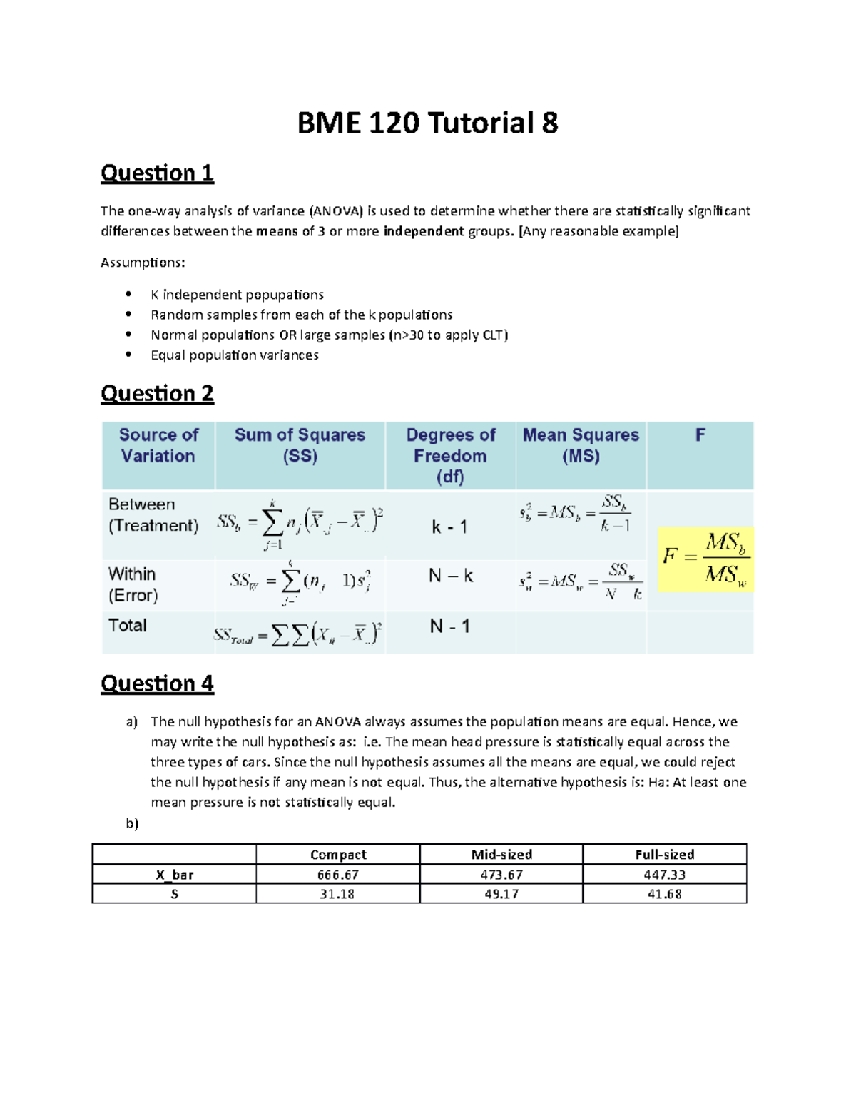 BME 120 Tutorial 8 memoq 124 - BME 120 Tutorial 8 Question 1 The one-way analysis of variance ...