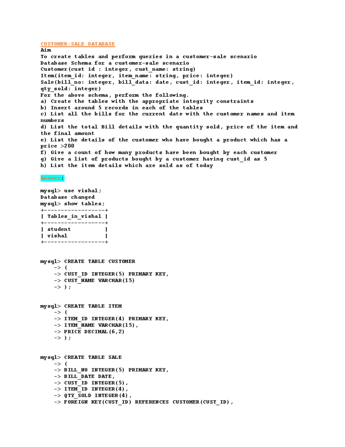 DOC - Vihhhb - CUSTOMER-SALE DATABASE Aim To create tables and perform queries in a customer ...