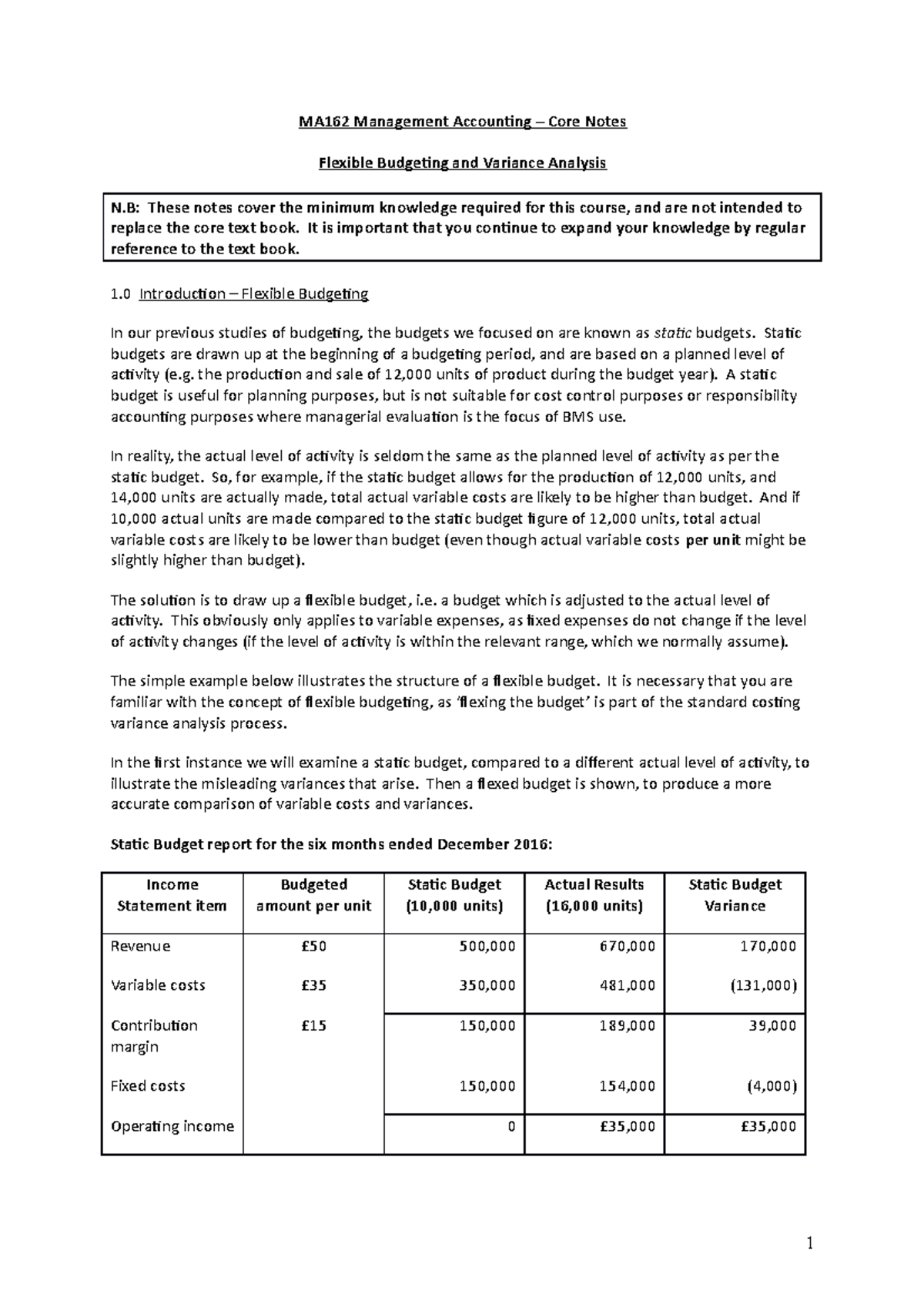 Flexible Budgeting & Variance Analysis Notes - MA162 Management ...
