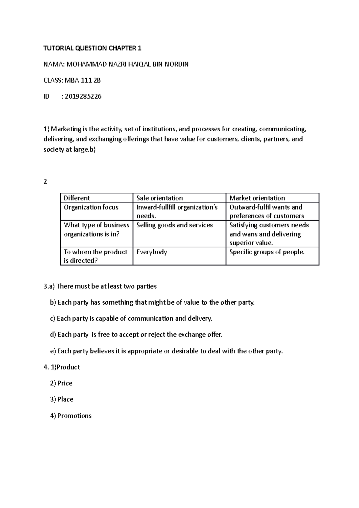 Tutorial Question Chapter 1 - TUTORIAL QUESTION CHAPTER 1 NAMA ...