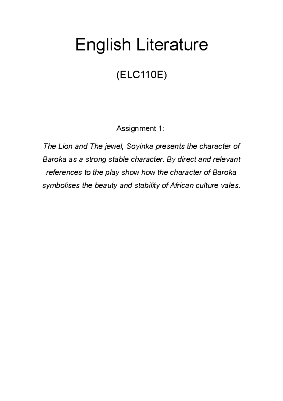 English essay 2016 term 1 - English Literature (ELC110E) Assignment 1 ...