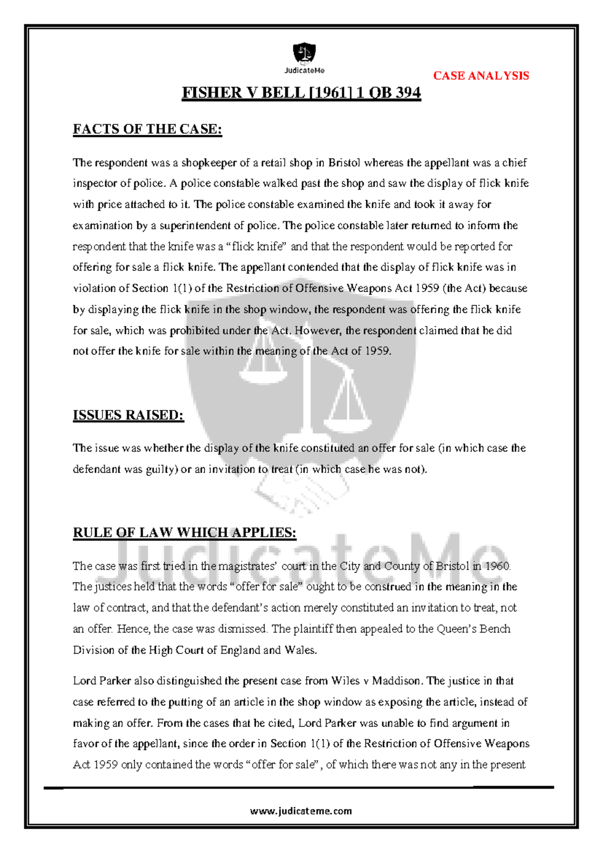 Fisher v bell case brief - CASE ANALYSIS judicateme FISHER V BELL [1961 ...