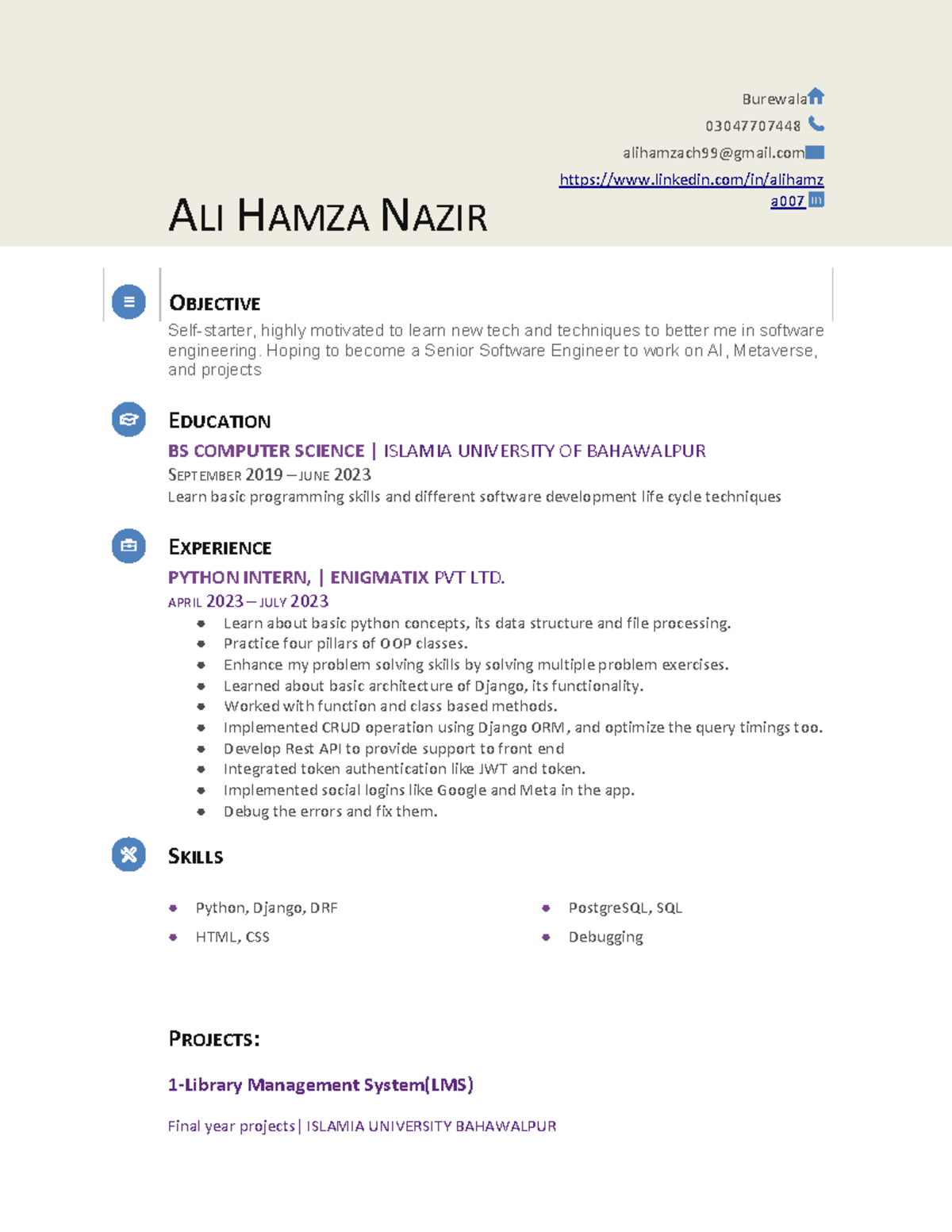 Ali Hamza Python - ALI HAMZA NAZIR Burewala 03047707448 alihamzach99@gmail linkedin/in/alihamz a ...