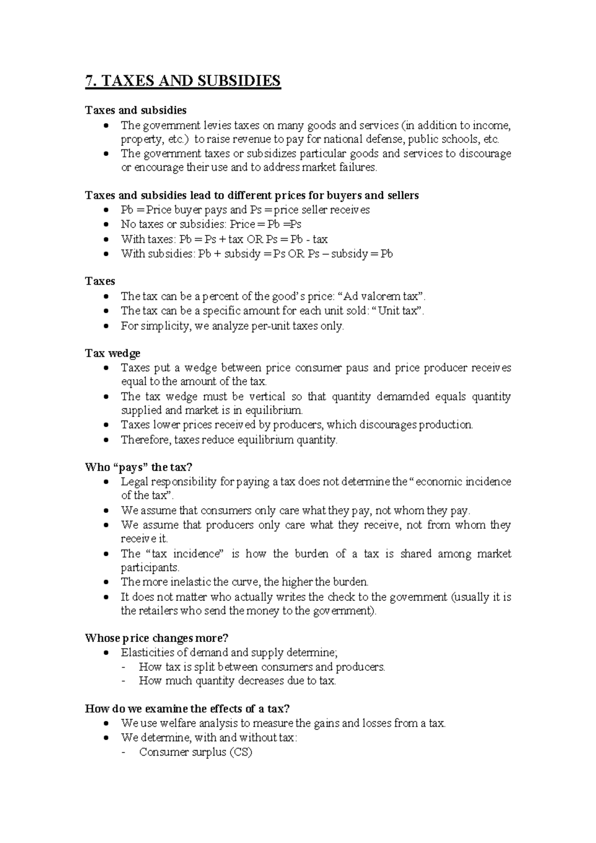 Taxes and subsidies - Slides notes of Economic Analysis of Public ...