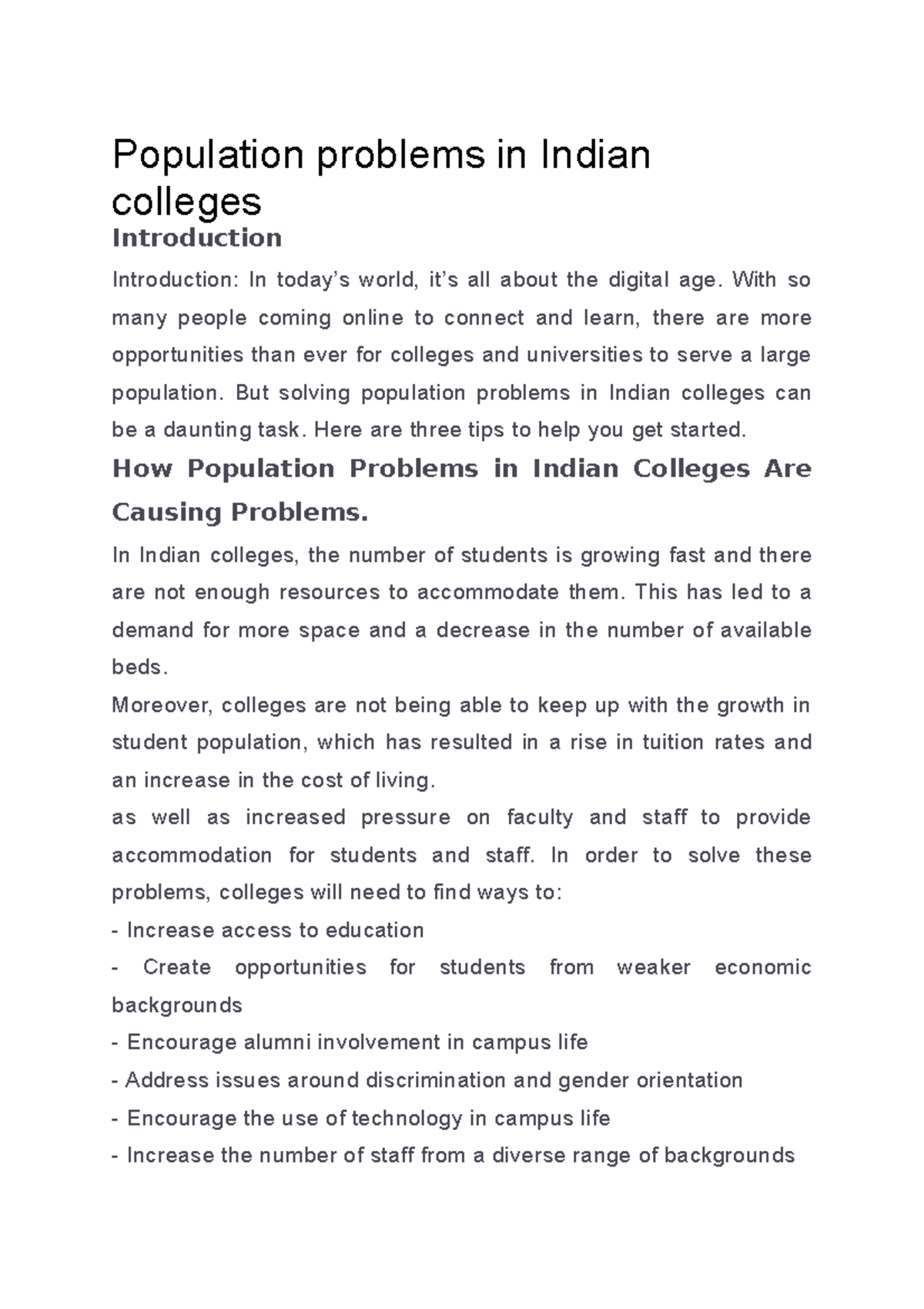 Population problems in Indian colleges - Population problems in Indian ...