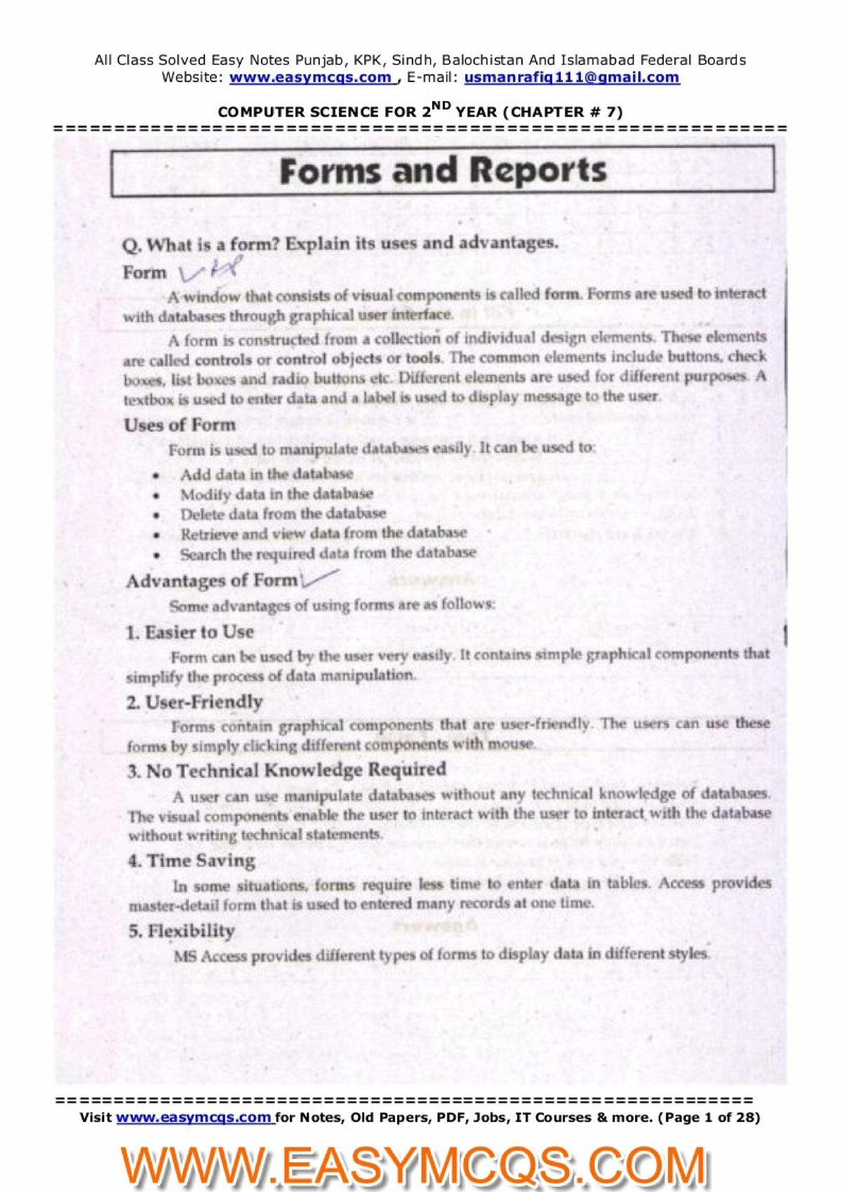 2nd Year Computer Science Chapter 7 Forms And Reports Notes ...