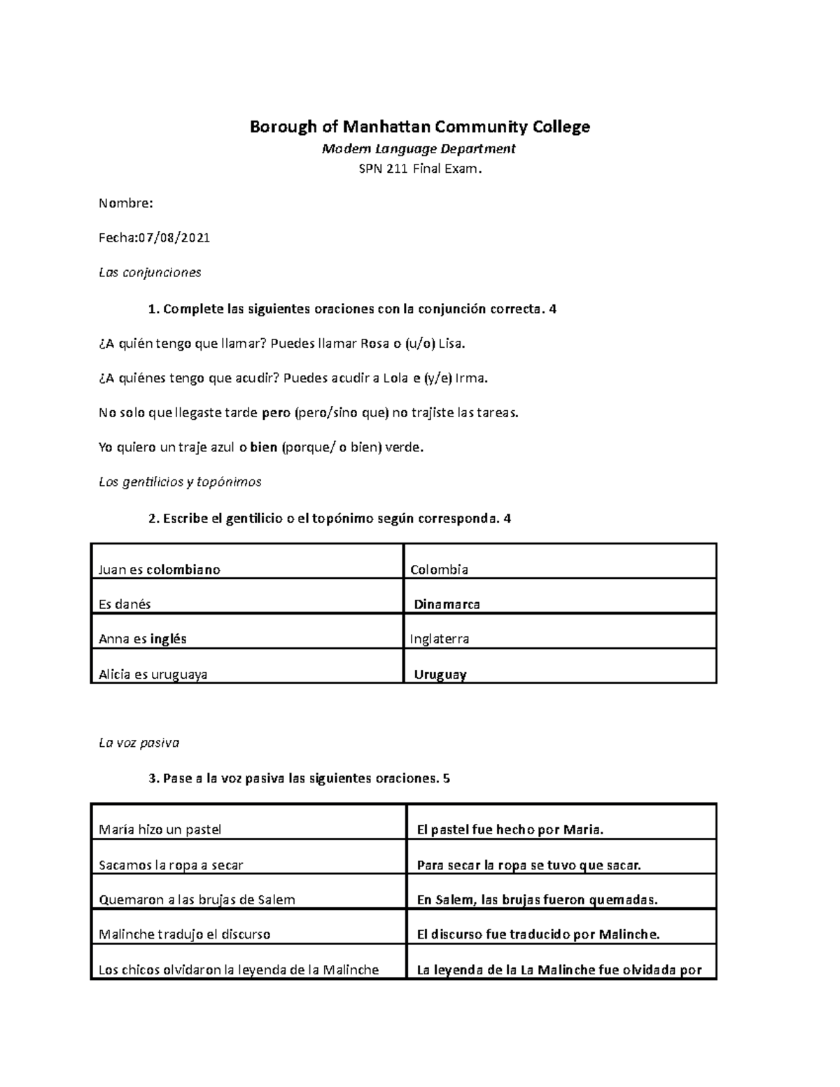SPN 211 Final Exam - An intermediate-level course in the Spanish ...