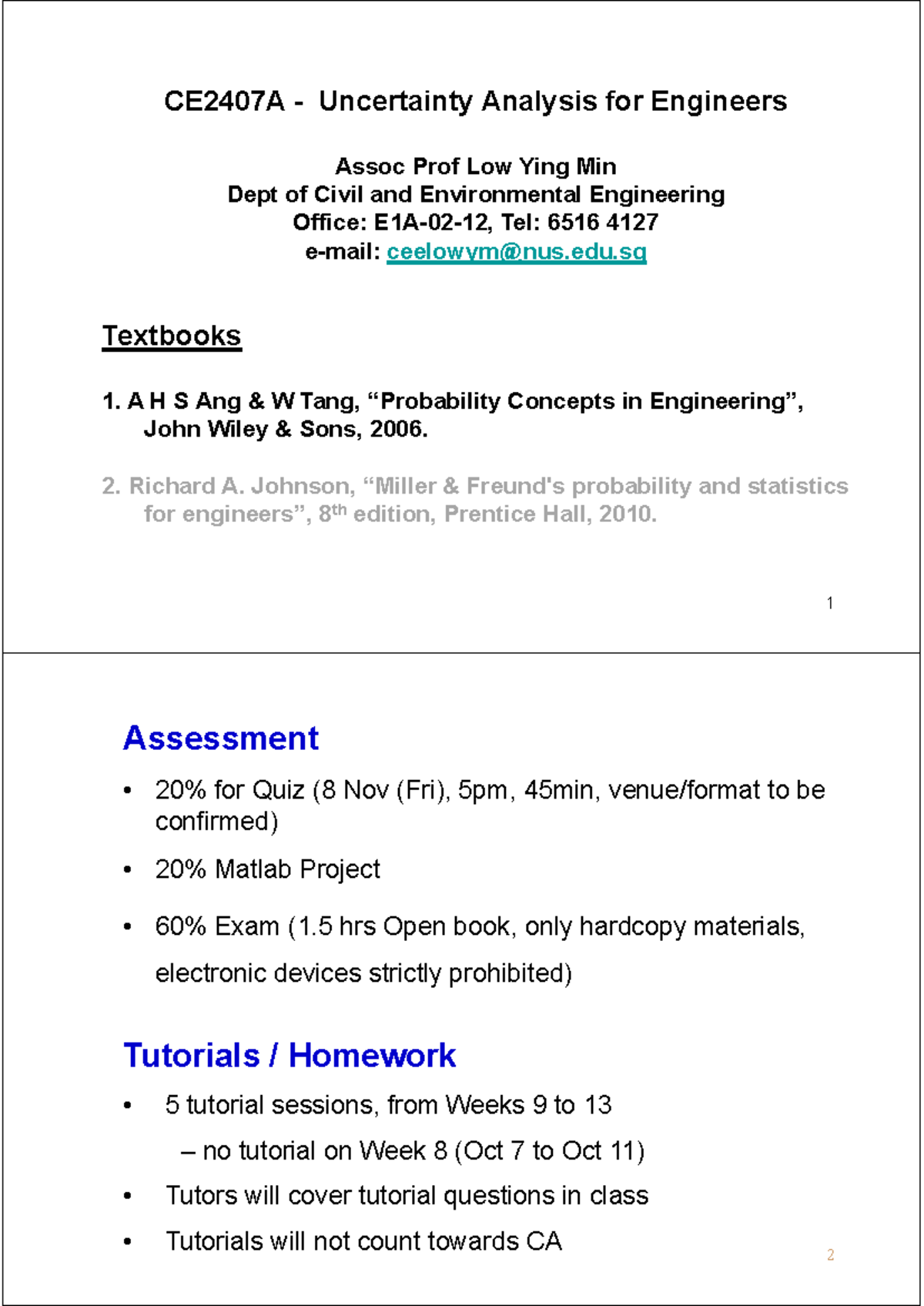 Mod Infomation - Course Summary - CE2407A - Uncertainty Analysis for ...