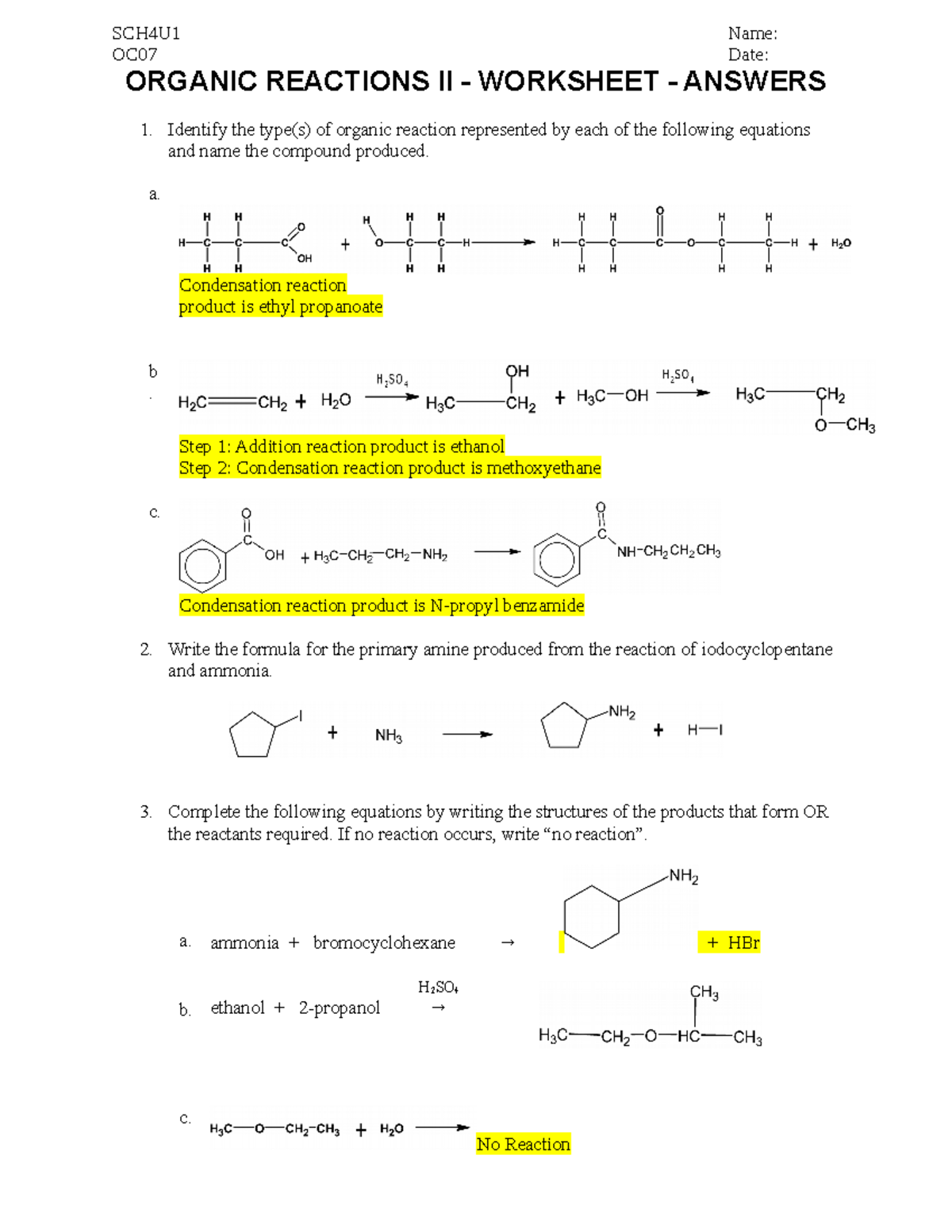 2.1. Types of organic reactions (II) - Worksheet - Answers - SCH4U1 ...