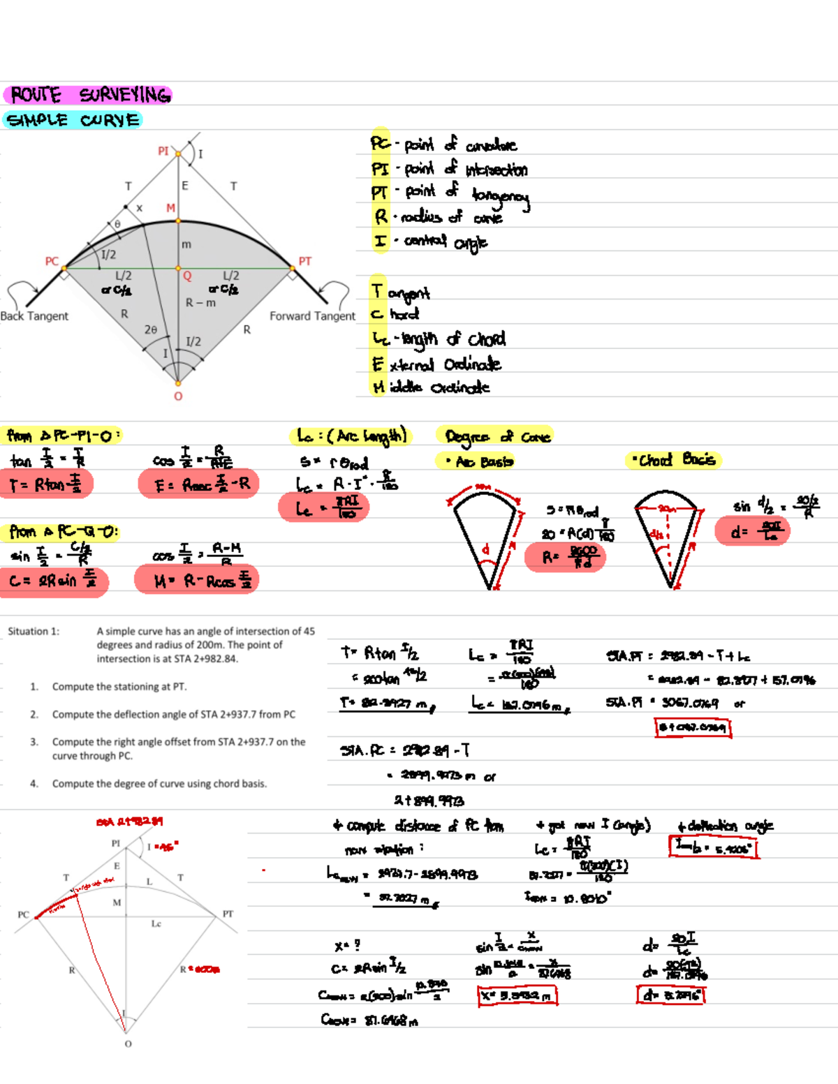 HRE reviewer piece - ROUTE SURVEYNG SIMPLE CURVE PC point of curvature PI point of intersection ...