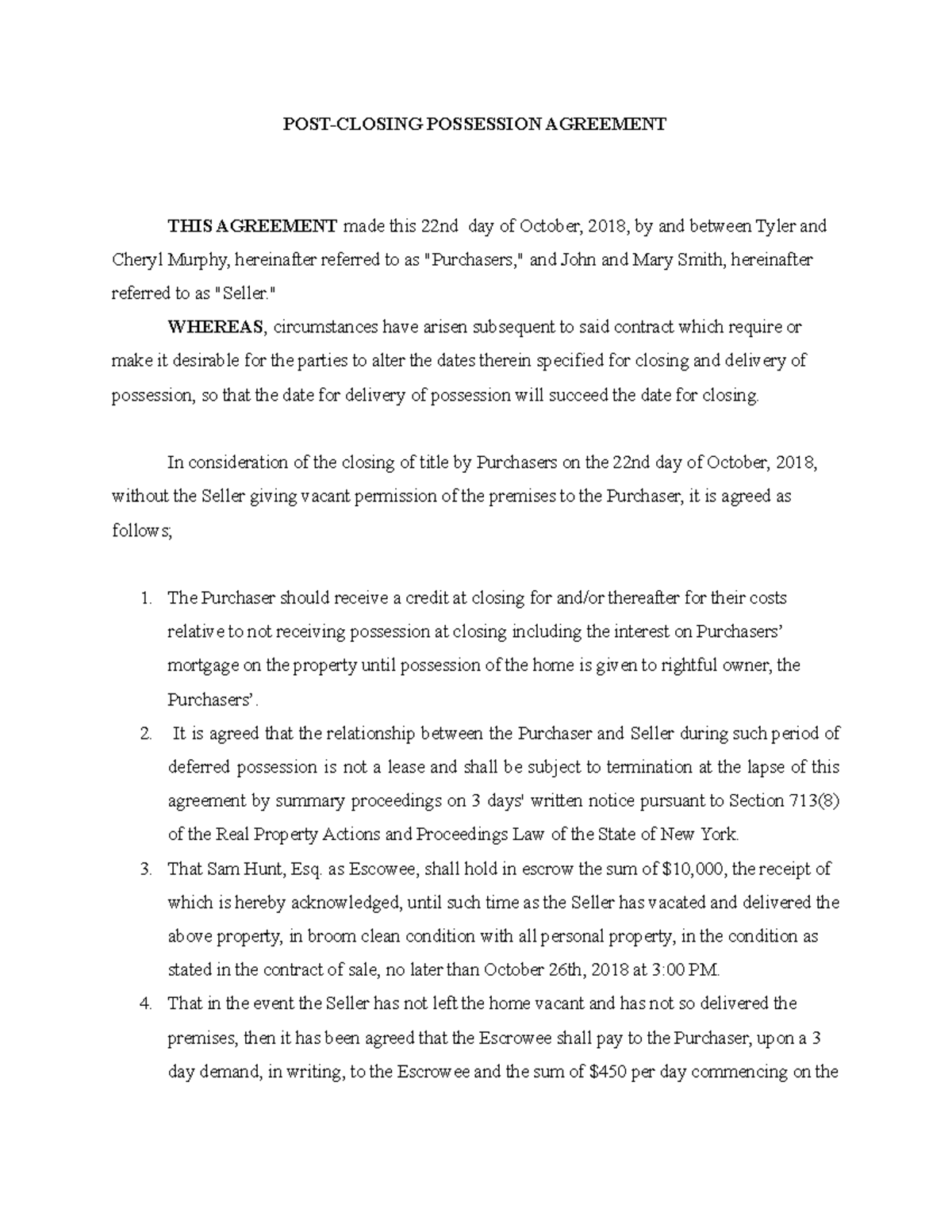POST- Closing Possession Agreement - POST-CLOSING POSSESSION AGREEMENT ...