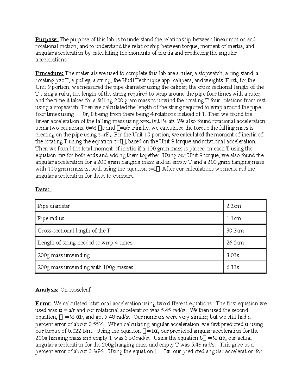 physics linear and rotational motion lab report - Purpose: The purpose ...
