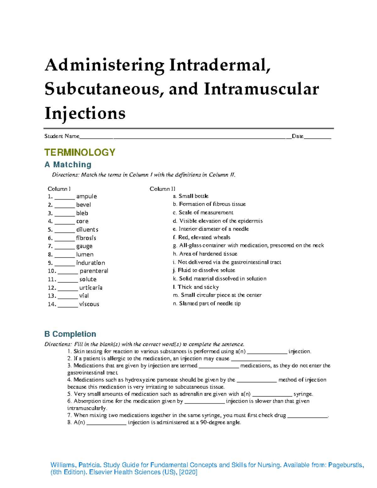 Chpt 35 Sudy Guide Questions - Administering Intradermal, Subcutaneous ...