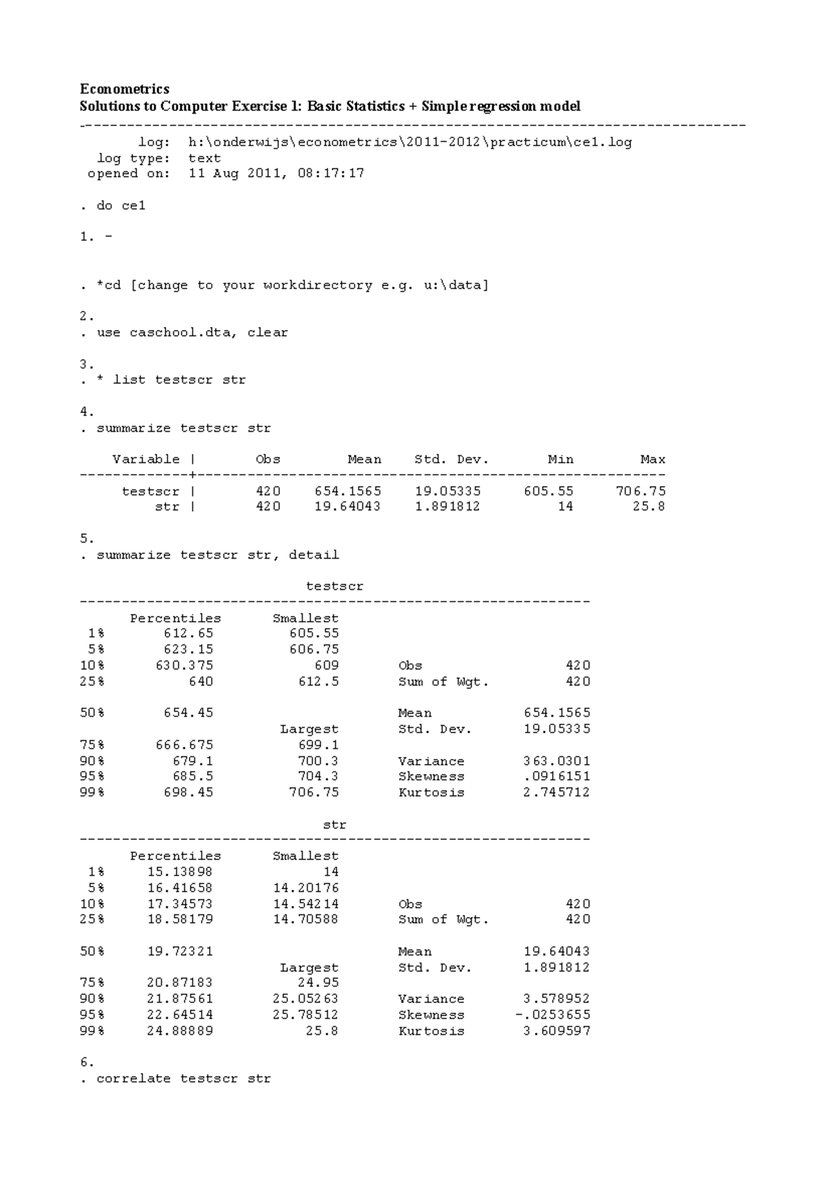 Solutions Computer Exercise 1 Stata Econometrics Solutions To Computer Exercise 1 Basic